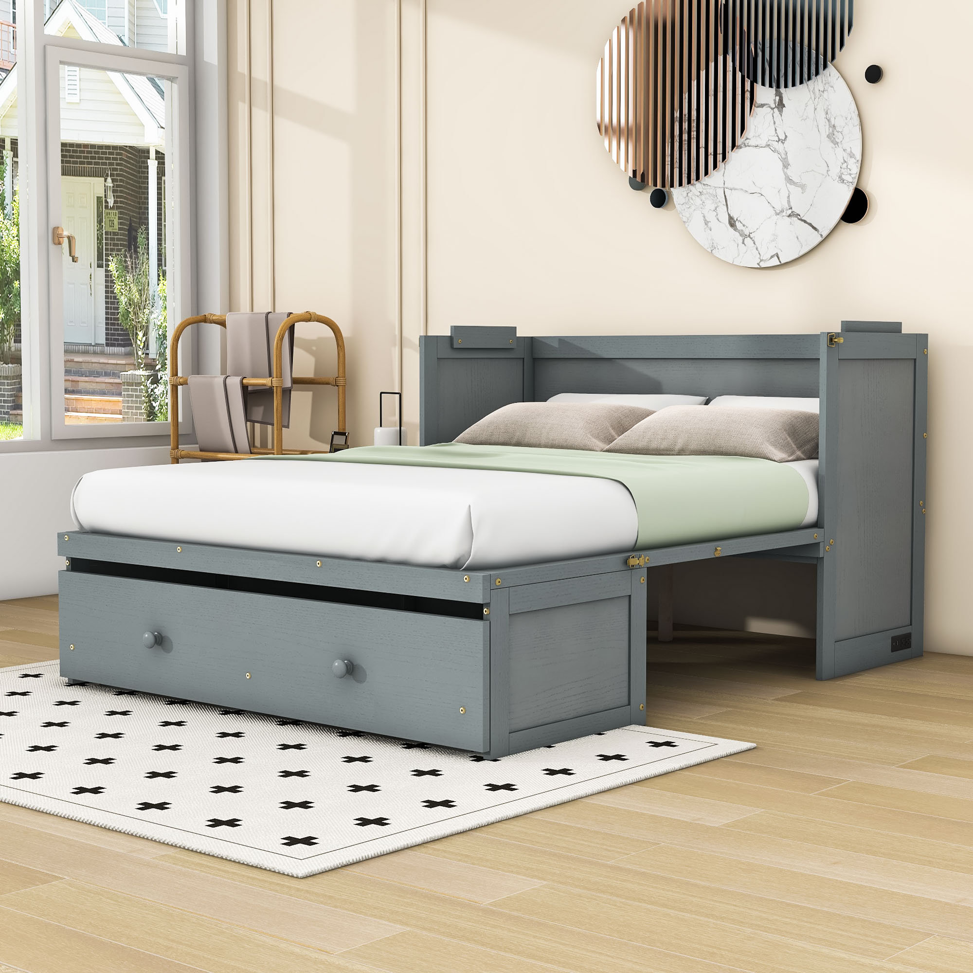 Red Barrel Studio® 1 Drawer Wooden Murphy Bed with USB Ports | Wayfair