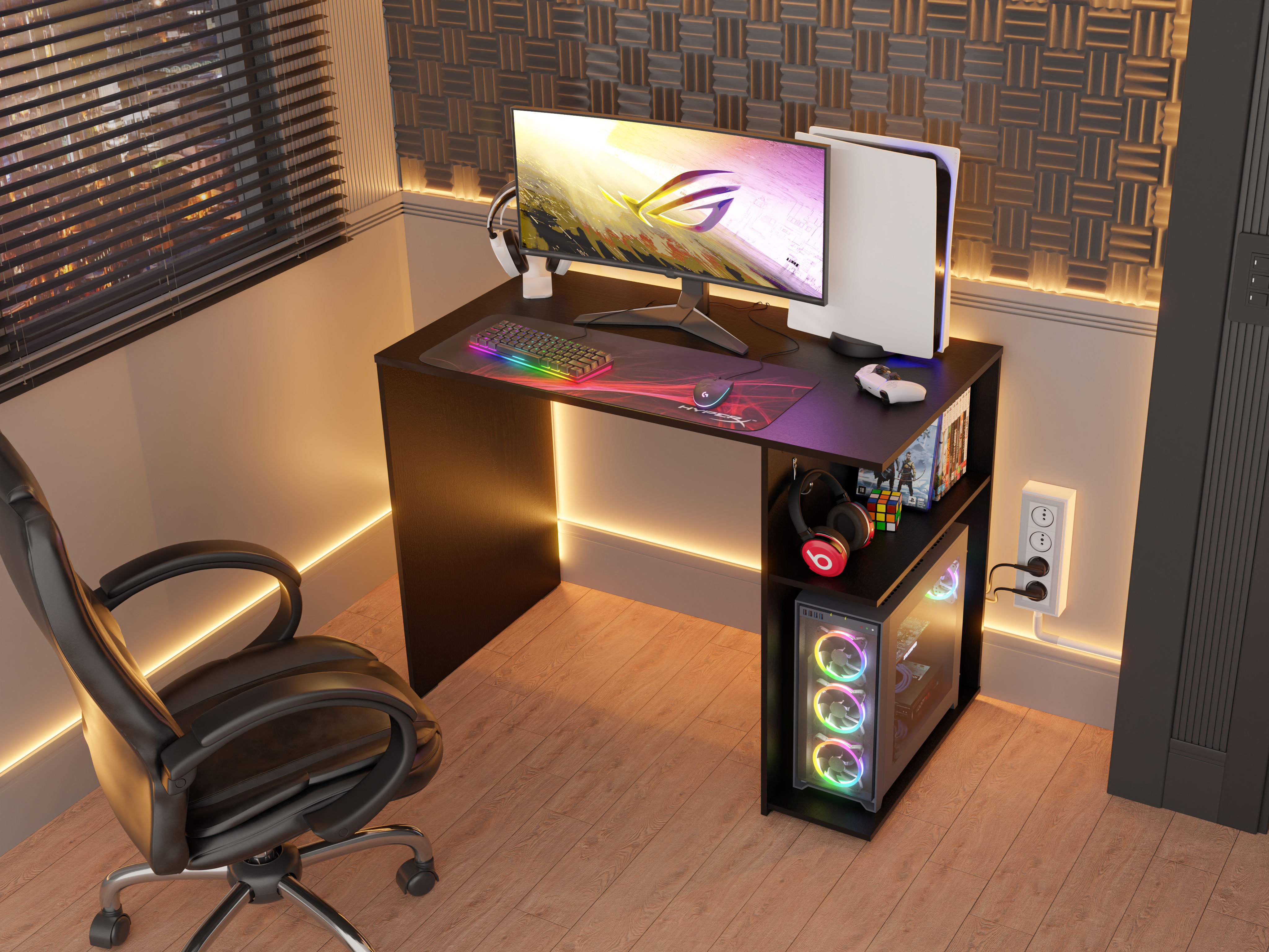 Latitude Run® Compact Gaming Computer Desk with 2 Shelves, Cable ...