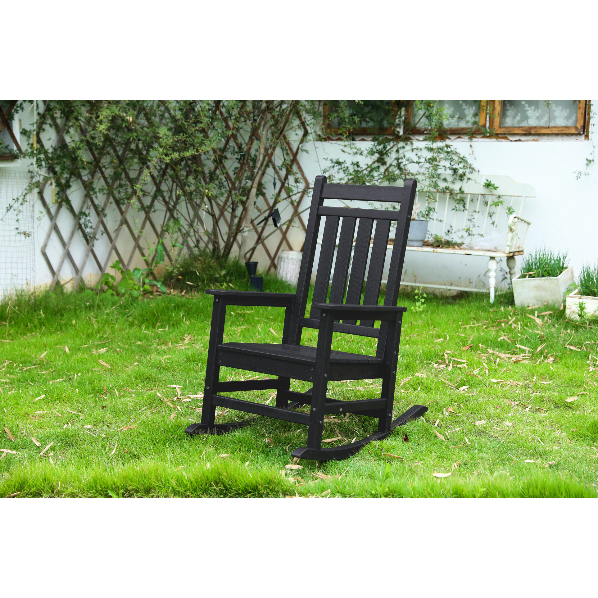 Latitude Run® Outdoor Rocking Chair For Adults, Black With Wood-Texture ...