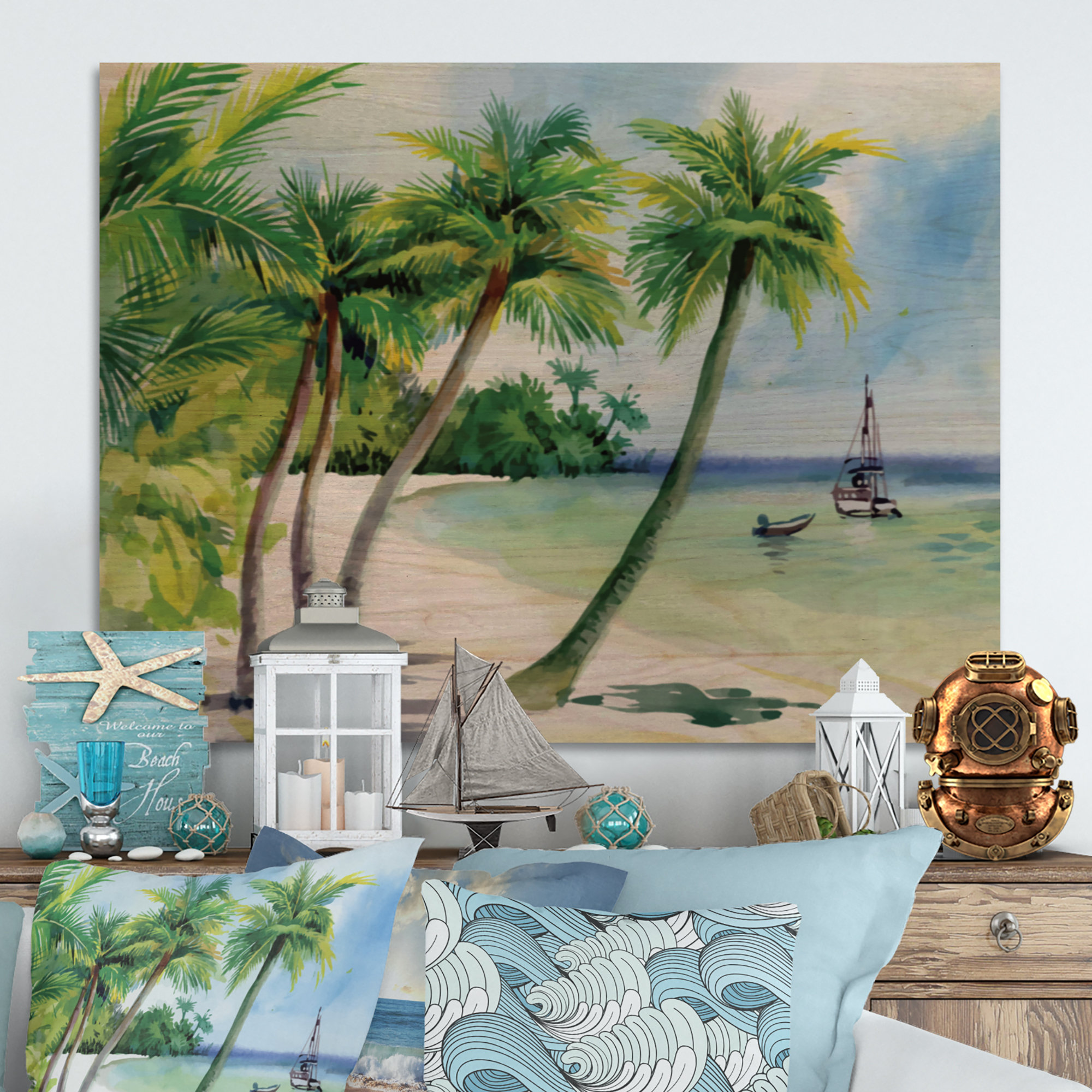 Breakwater Bay Summer Beach With Palm Trees - Nautical & Coastal Wood ...