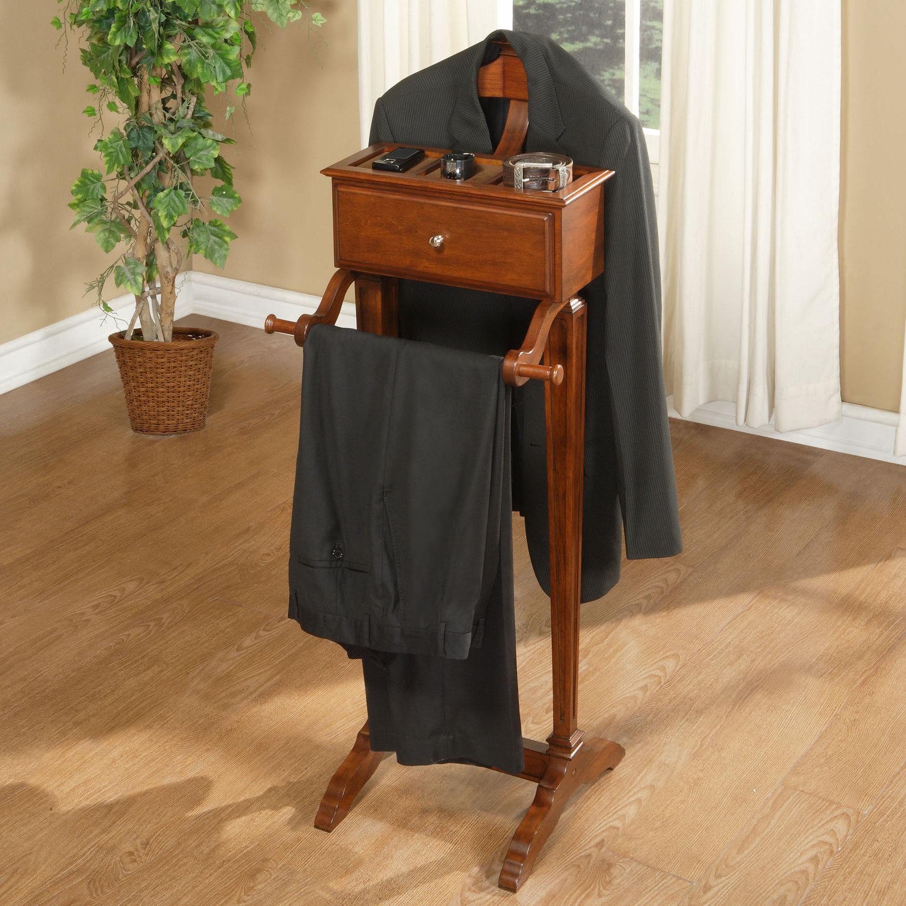 Alcott Hill Gonson Freestanding Valet Stand with Storage in Cherry ...