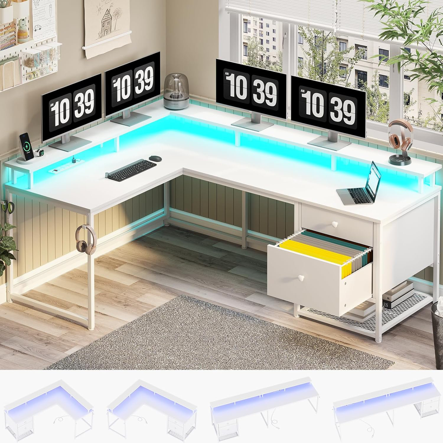 Inbox Zero L Shaped Office Desk, Reversible 62" Corner Computer Desk ...