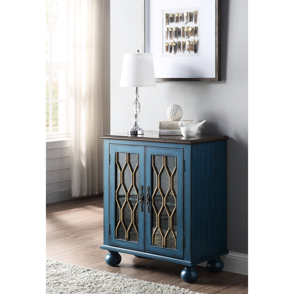 Alcott Hill® Antique Blue Finish Console Table, 2 Glass Doors And 1 ...