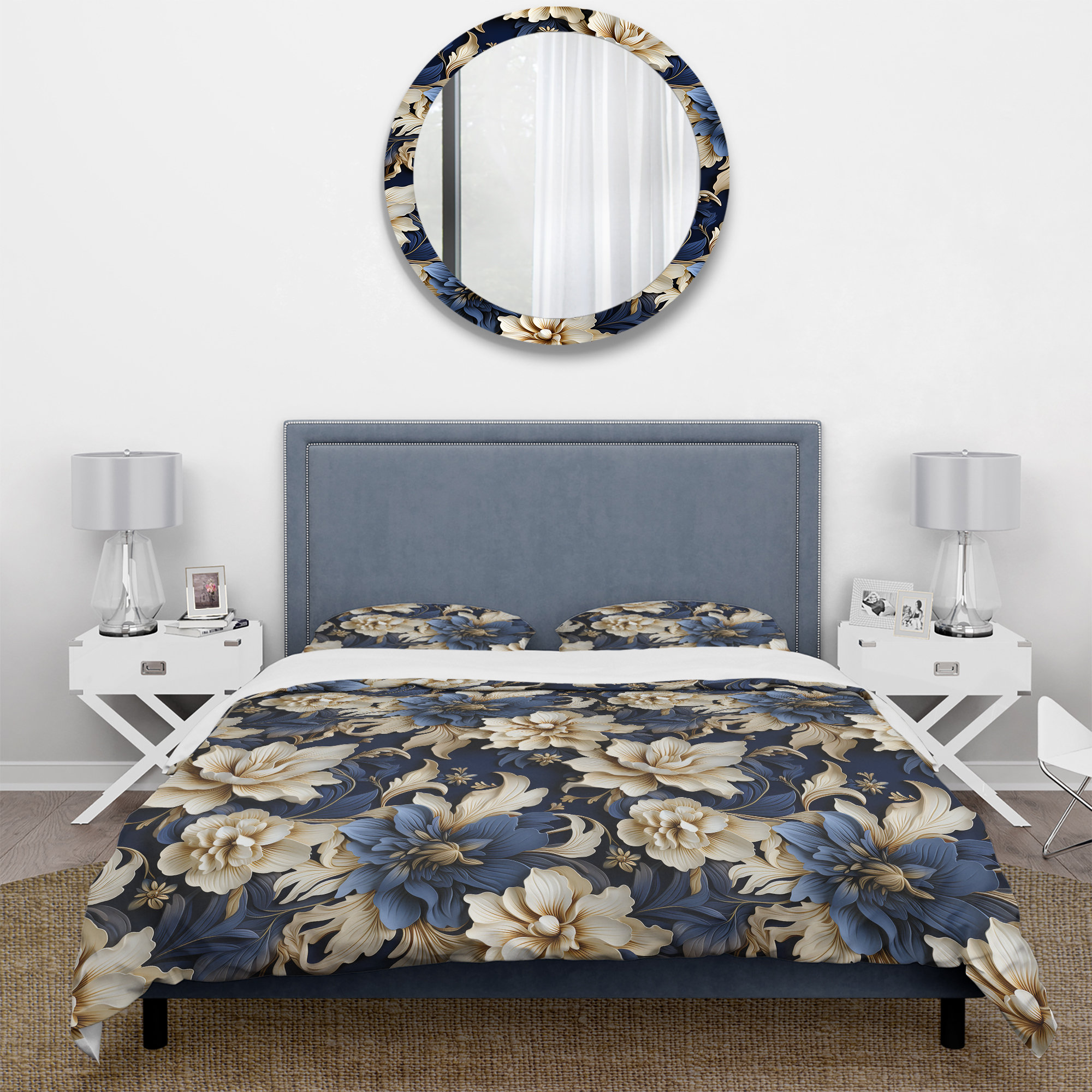 Design Art Beige And Blue Damask Fusion II - Damask Duvet Cover Set ...