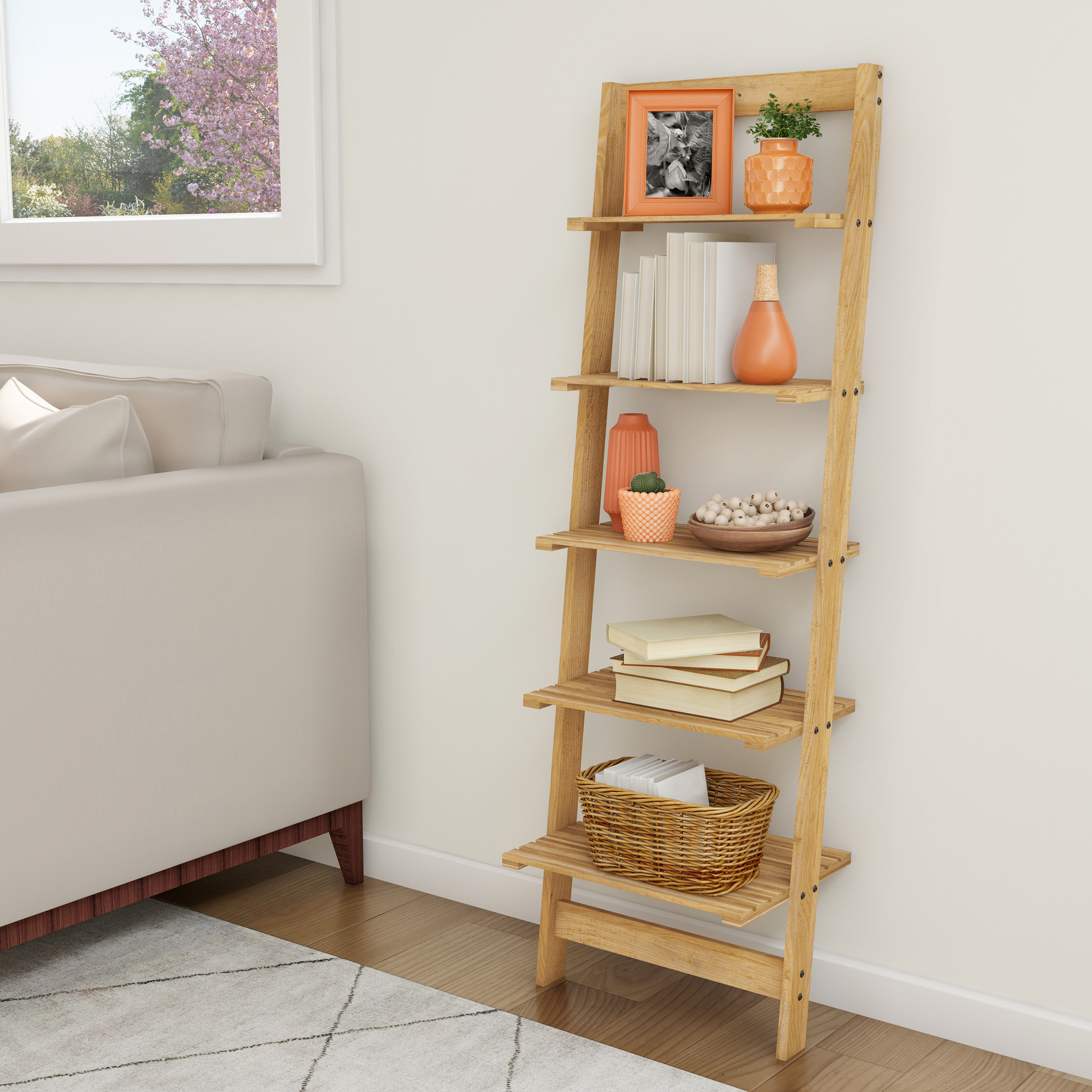 Lavish Home 5-Tier Ladder Shelf - Wooden Narrow Leaning Bookshelf for ...