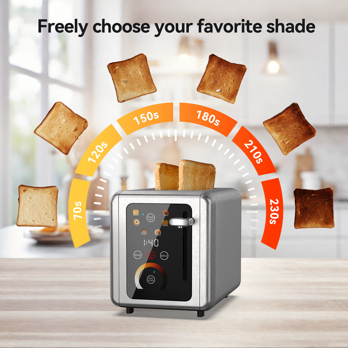 WHALL 2-Slice Stainless Steel Touch Screen Toaster with Digital Timer ...