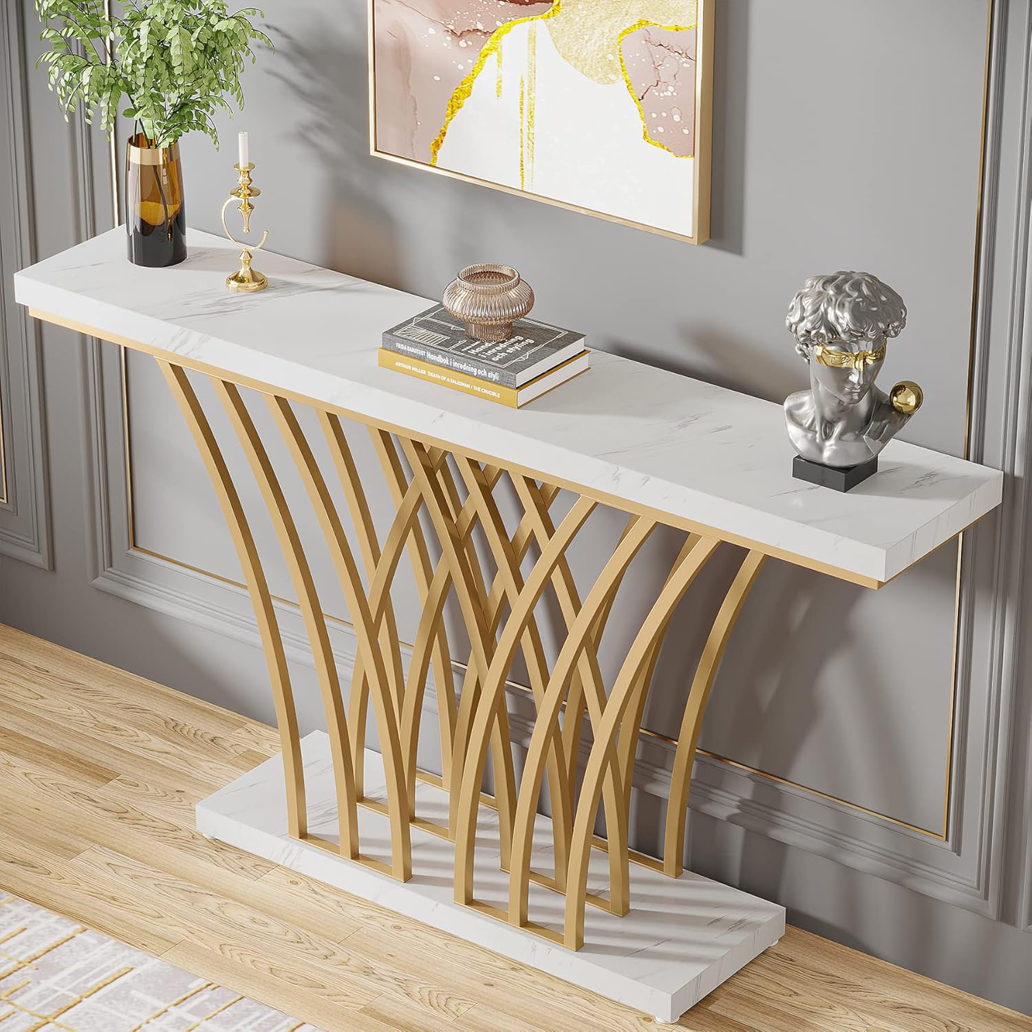 Mercer41 59 inch Gold Console Table, Modern Entryway Table with Grid ...
