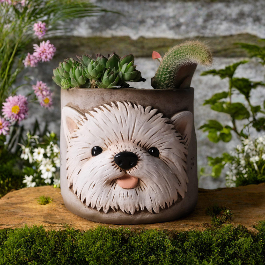 Winston Porter Antique Planter Pots Featuring a Puppy Westie | Wayfair