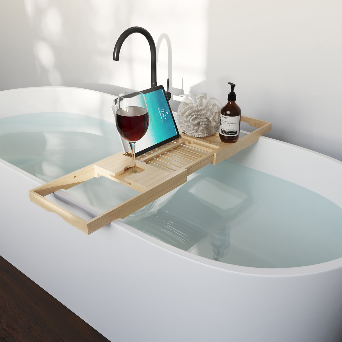 Rebrilliant Gardner Bamboo Bathtub Tray - Wood Bath Caddy with Book ...