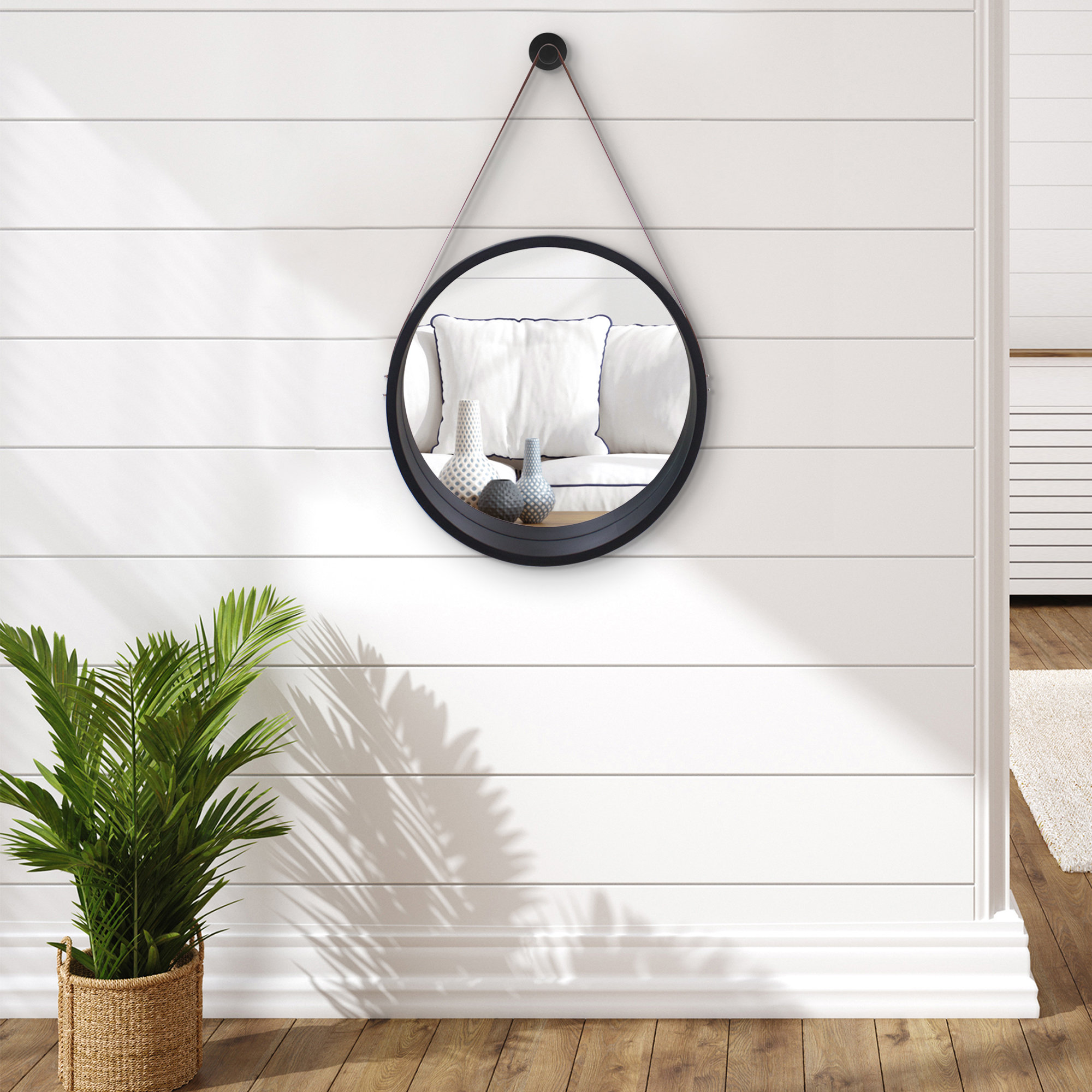 Ebern Designs Midgley 20x20 Round Mirror with Strap Circle Mirror for ...