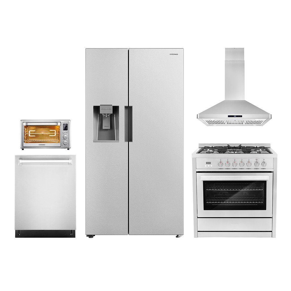 Cosmo 5 Piece Kitchen Package with Side by Side Refrigerator & 36" Dual ...