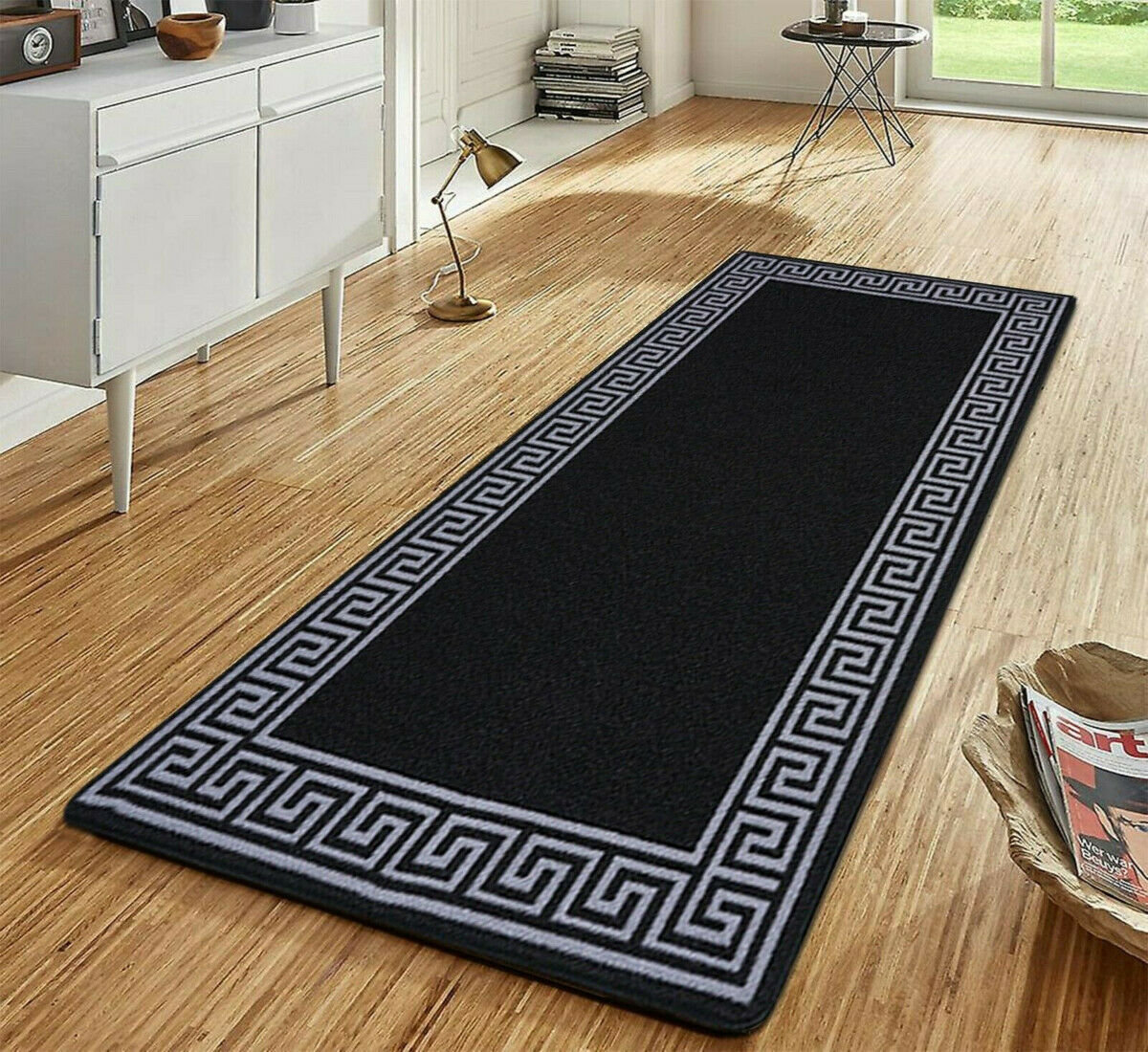 Fairmont Park Greek-Key Black Grey Non-Slip Polypropylene Area Rug ...