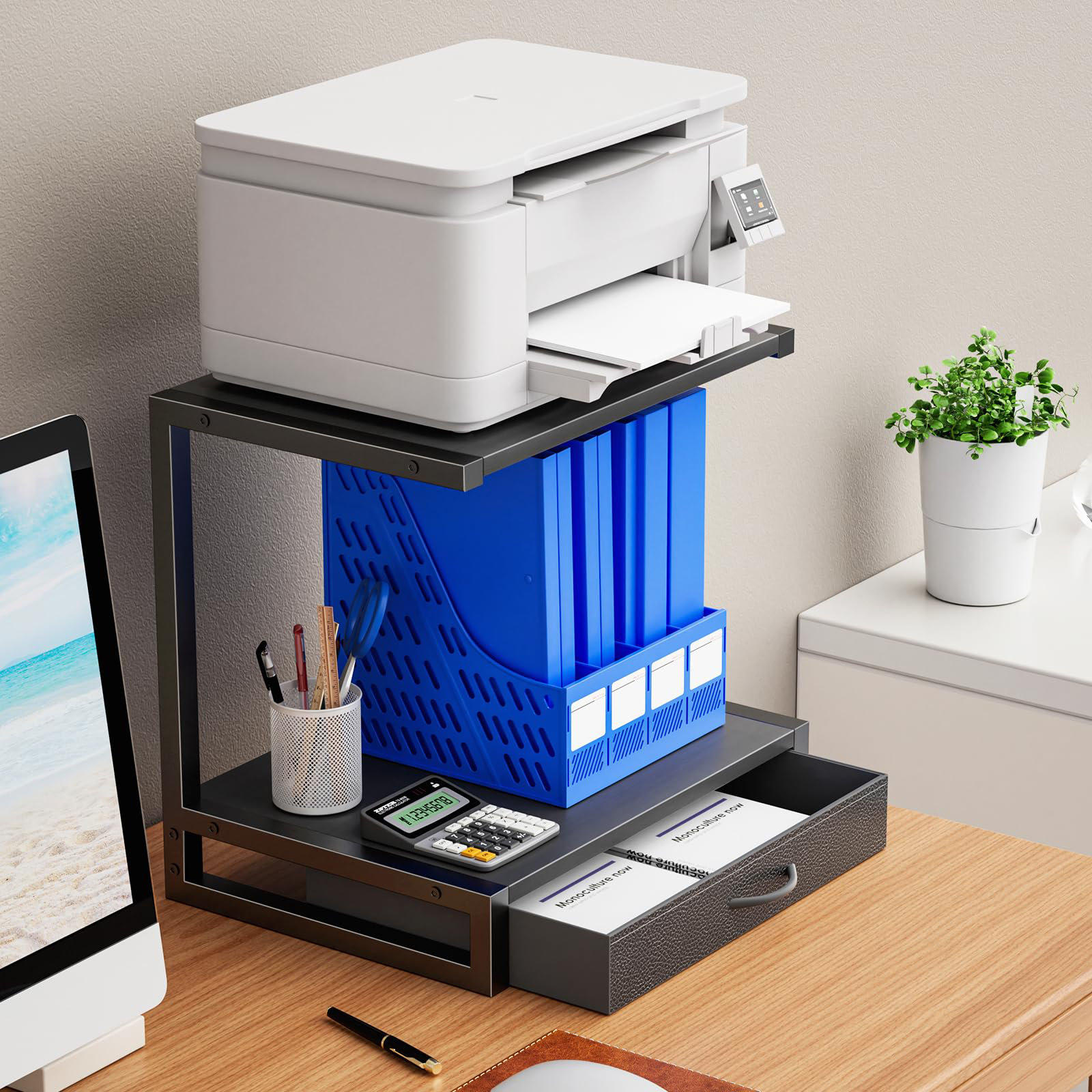 hongzhi 2-Tier Desktop Printer Stand With Fabric Drawer, Prtiner Table ...