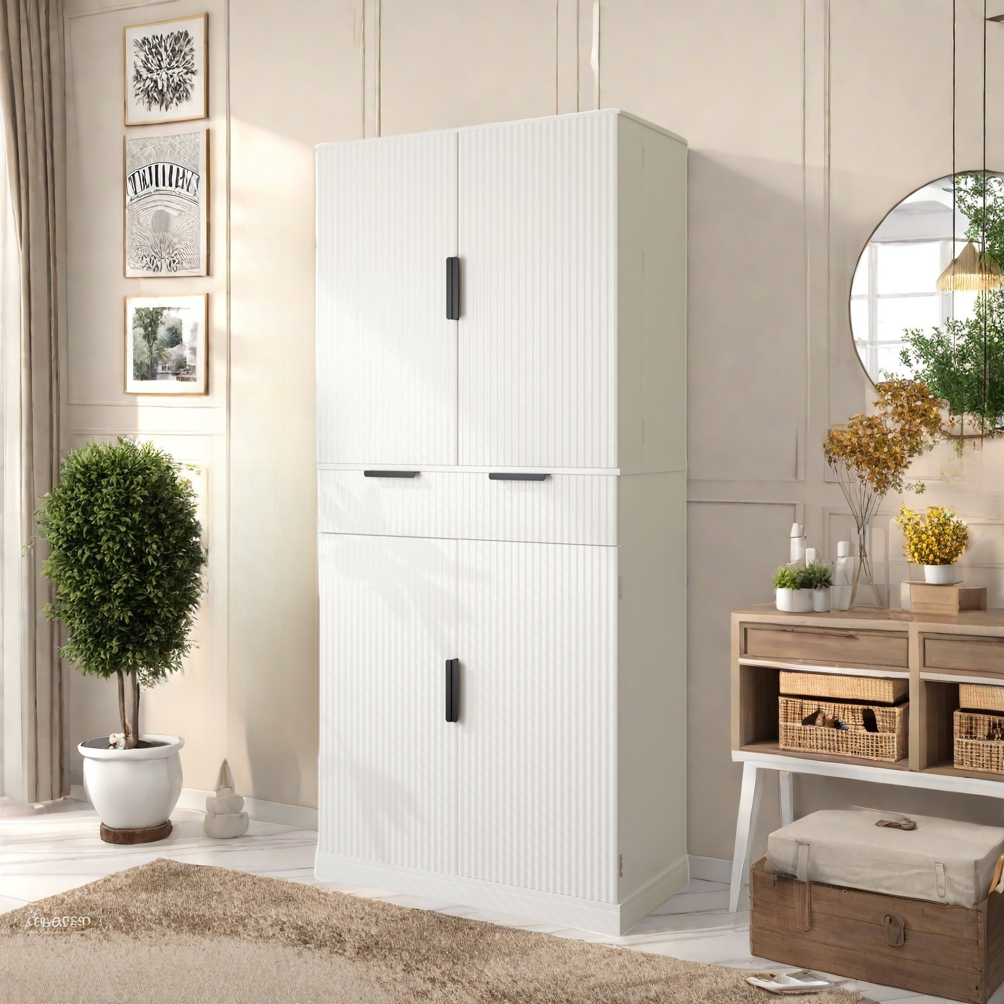 Latitude Run® Kitchen Pantry Cabinet With 3 Keyboard Drawers, 6 Door ...