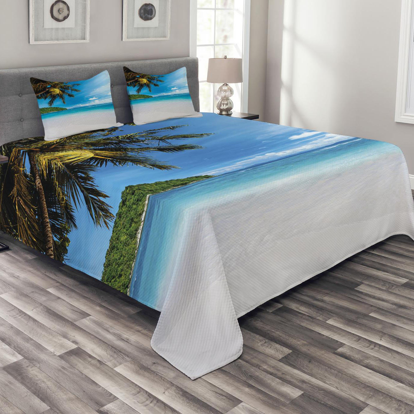 Ambesonne Tropical Blue Microfiber Coastal Coverlet / Bedspread Set ...