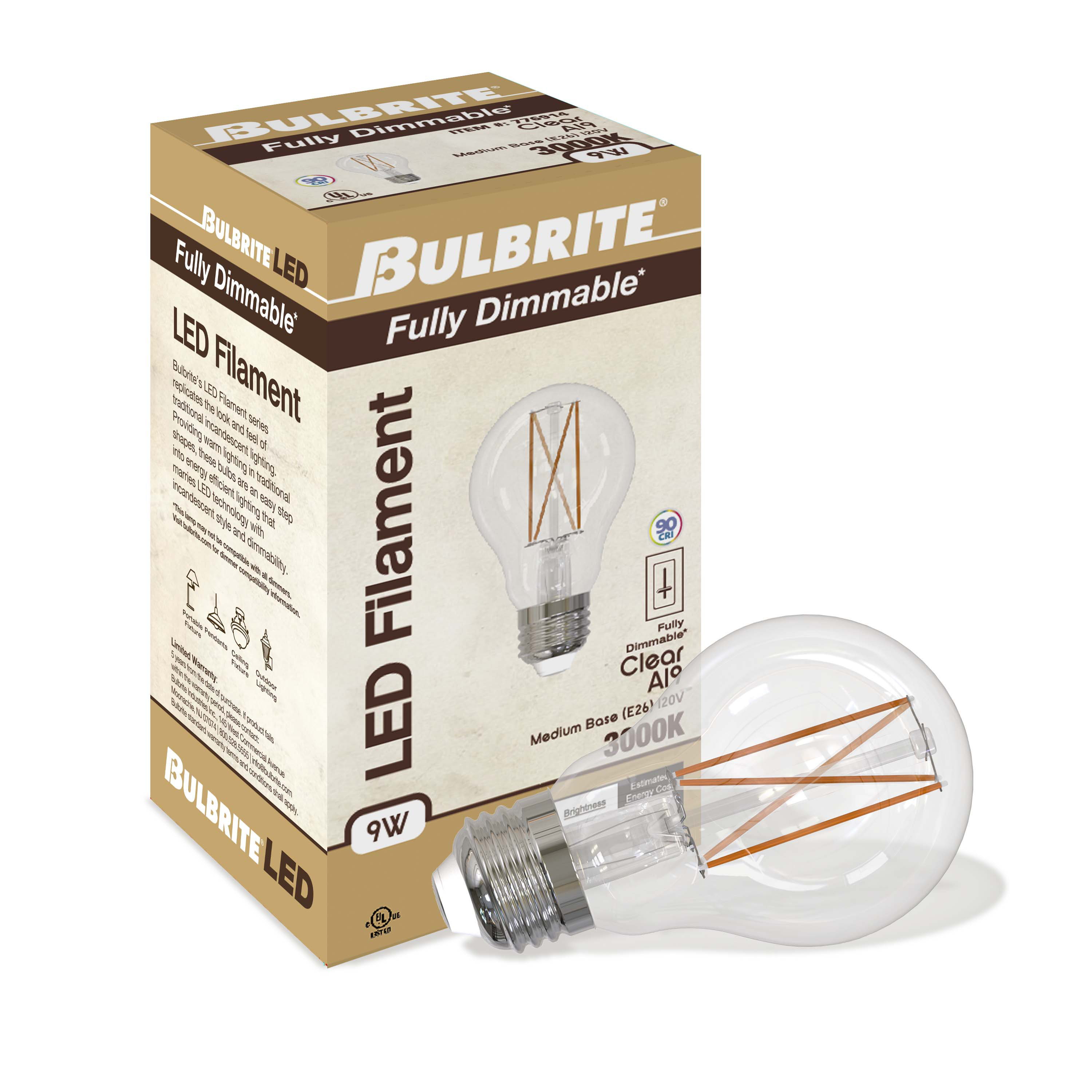 Bulbrite Industries 9 Watt (75 Watt Equivalent), A19 LED, Dimmable ...