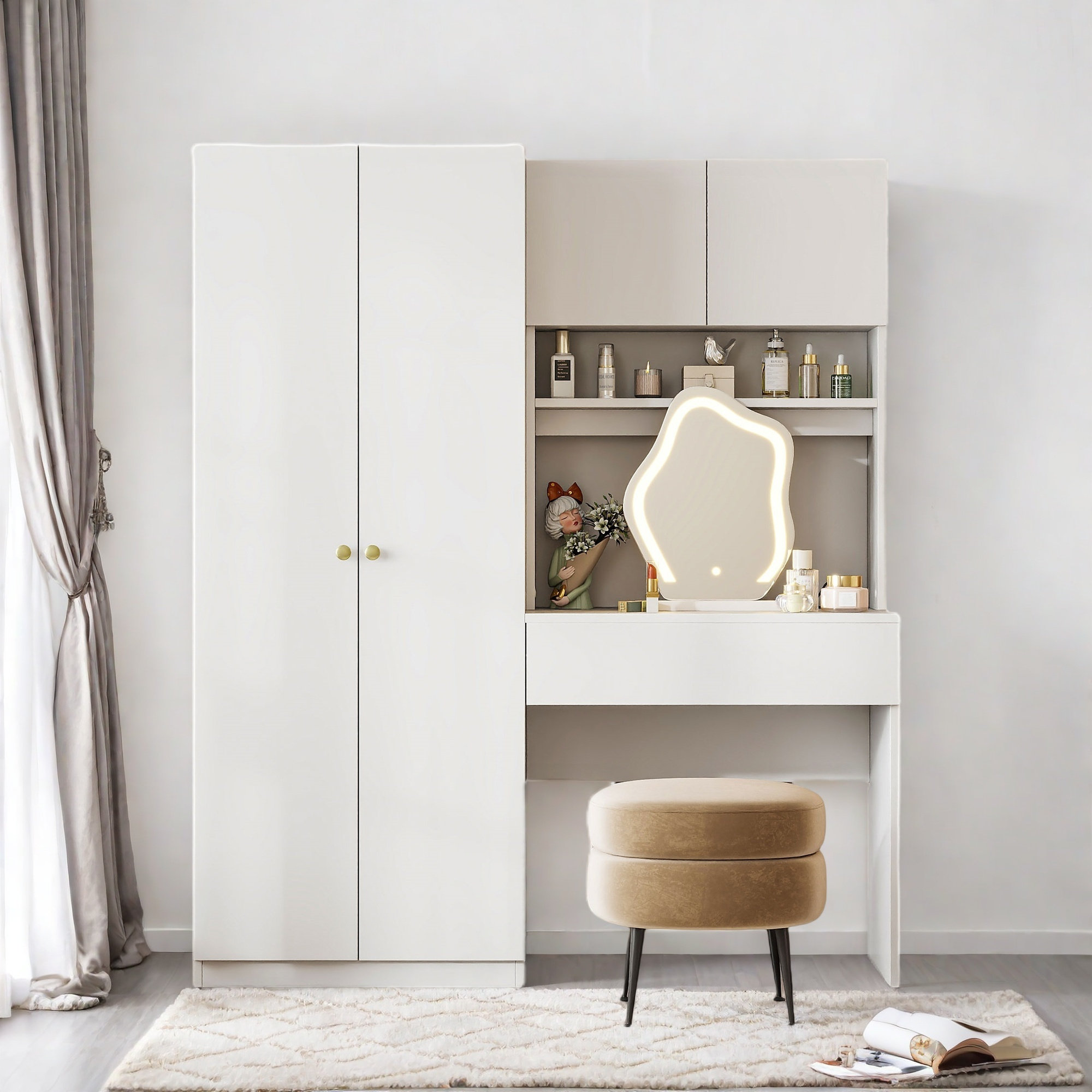 Ivy Bronx 2-door Wooden Wardrobe With Desk, Makeup Mirror, A Drawer ...