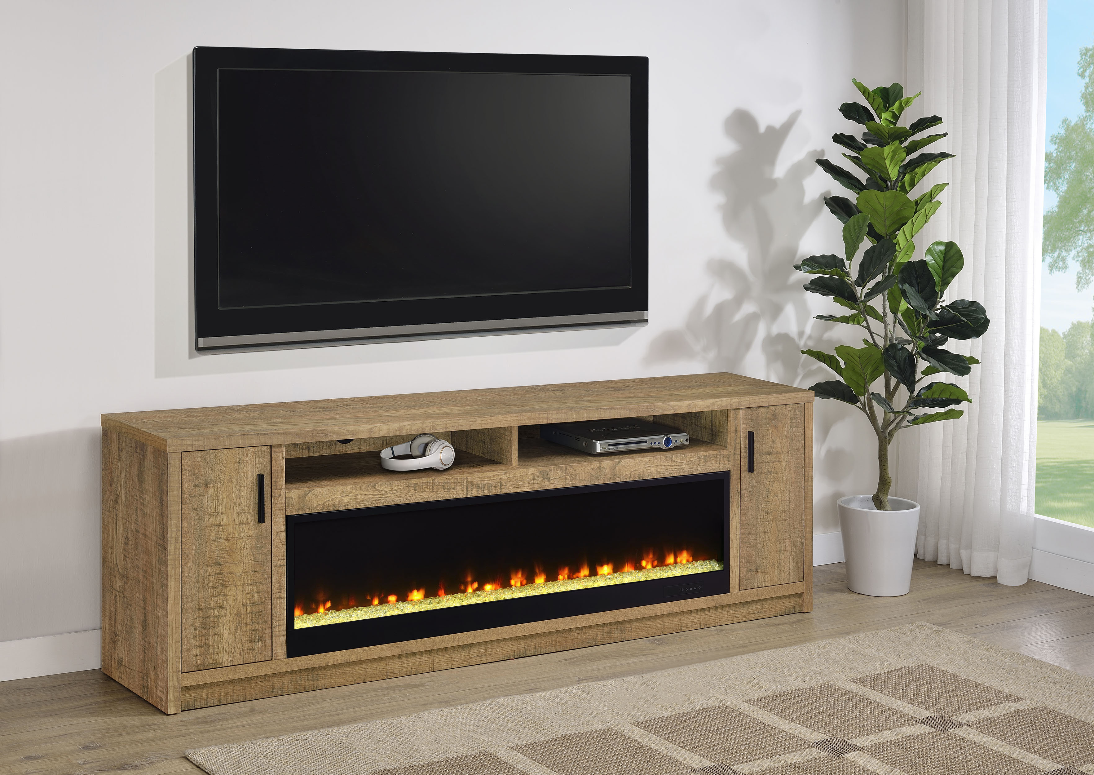 Orren Ellis Eddy 79-Inch 2-Door TV Stand Fireplace Media Console Mango | Wayfair