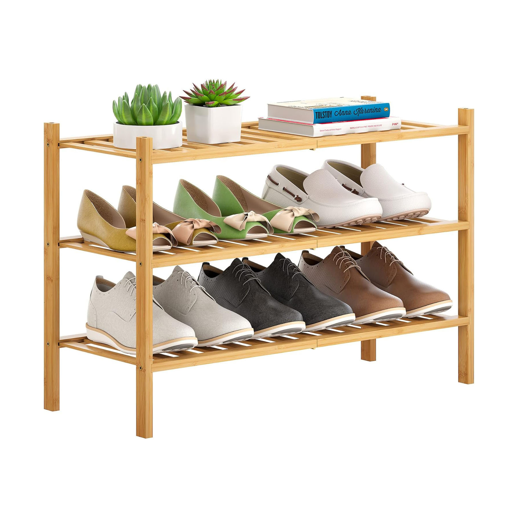 Rebrilliant 3-Tier Bamboo Shoe Rack, Freestanding Stackable Shoe Shelf ...