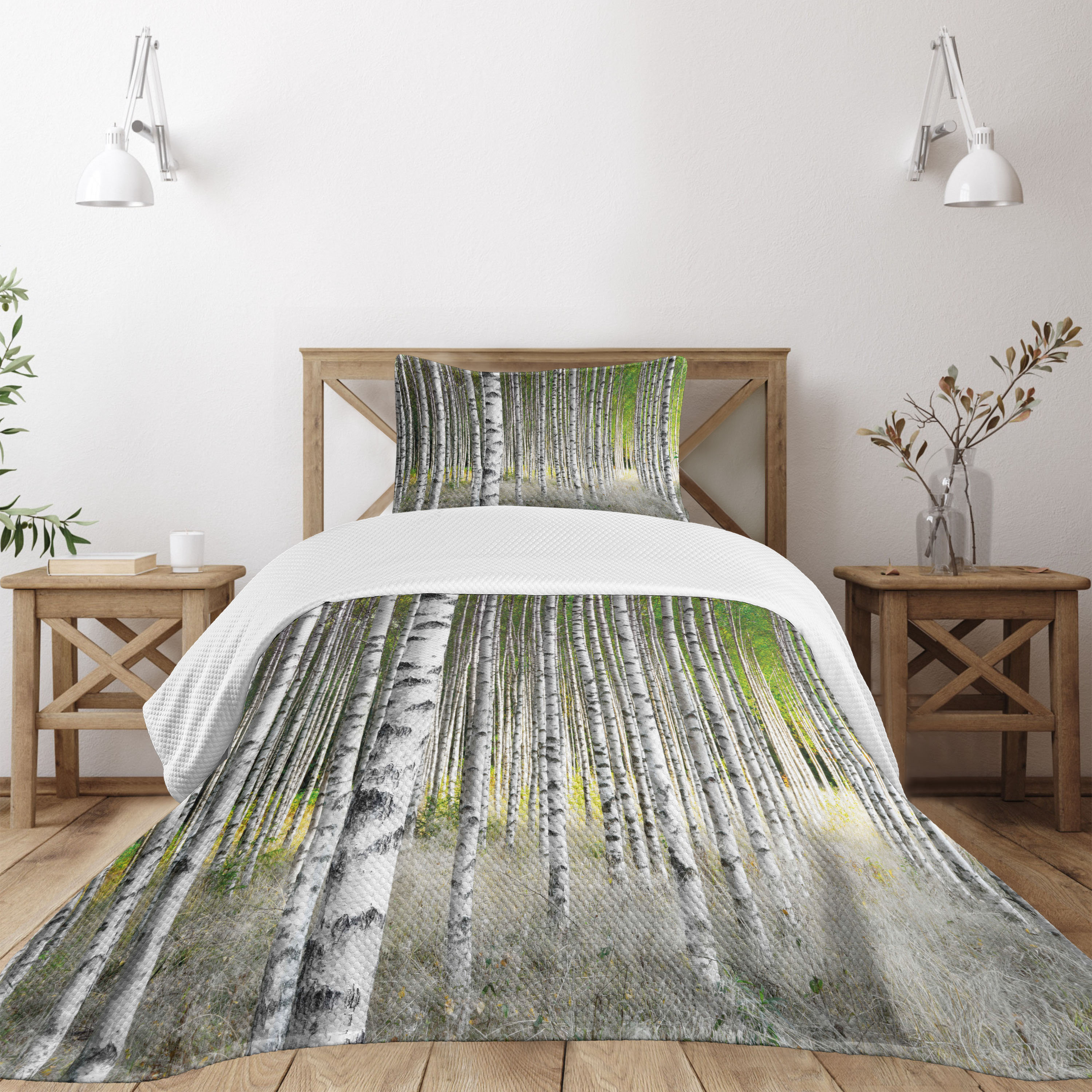 Ambesonne Birch Tree Bedspread Set Late Summer Foliage Green Pale Grey ...