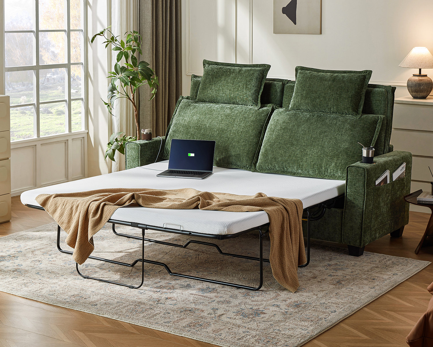 Latitude Run® Queen Size 2-in-1 Pull-out Sofa Bed Convertible Chenille ...