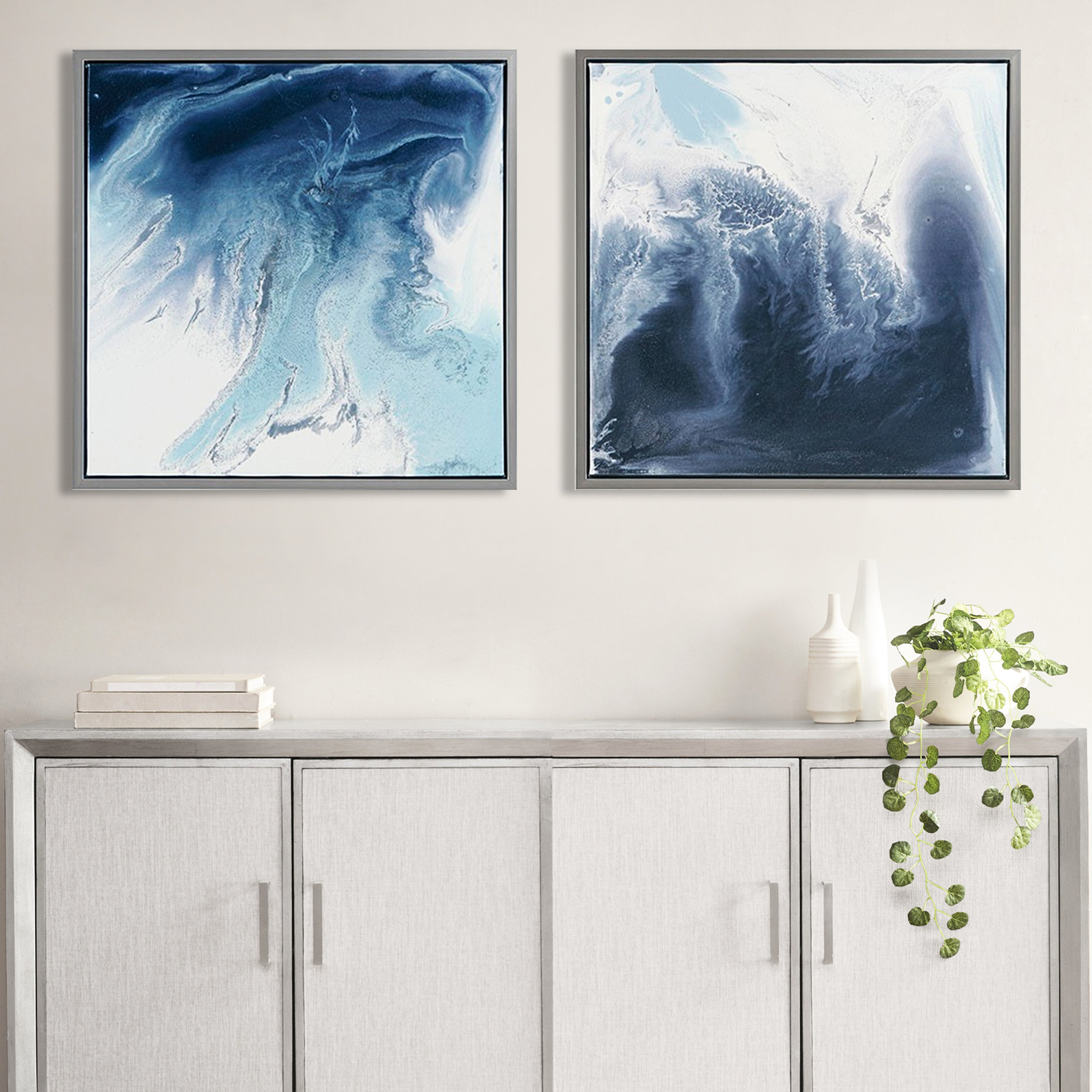 Latitude Run® 2 Blue Abstract Wall Art With Brushed Nickle Frame ...