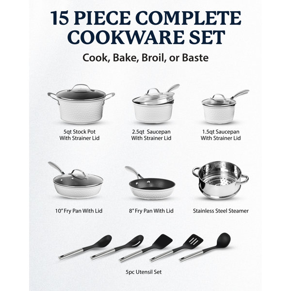 Granitestone Charleston Collection Hammered White 15 Piece Nonstick ...