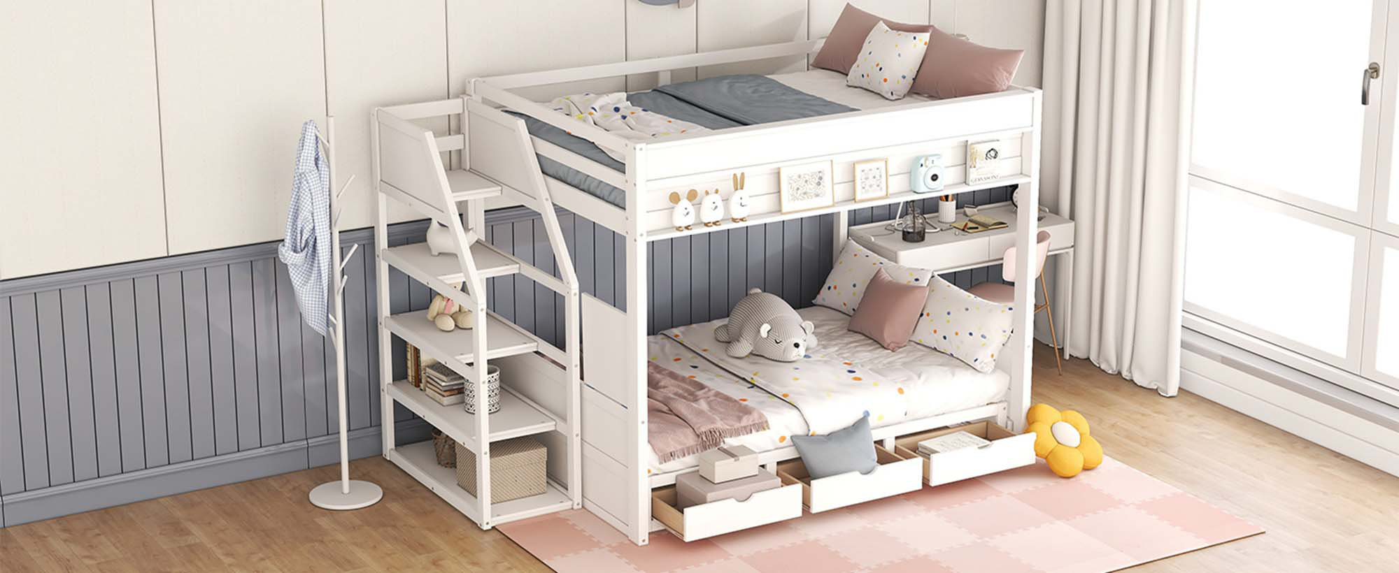 Harriet Bee Wood Convertible Bunk Bed With Storage Staircase, Bedside ...