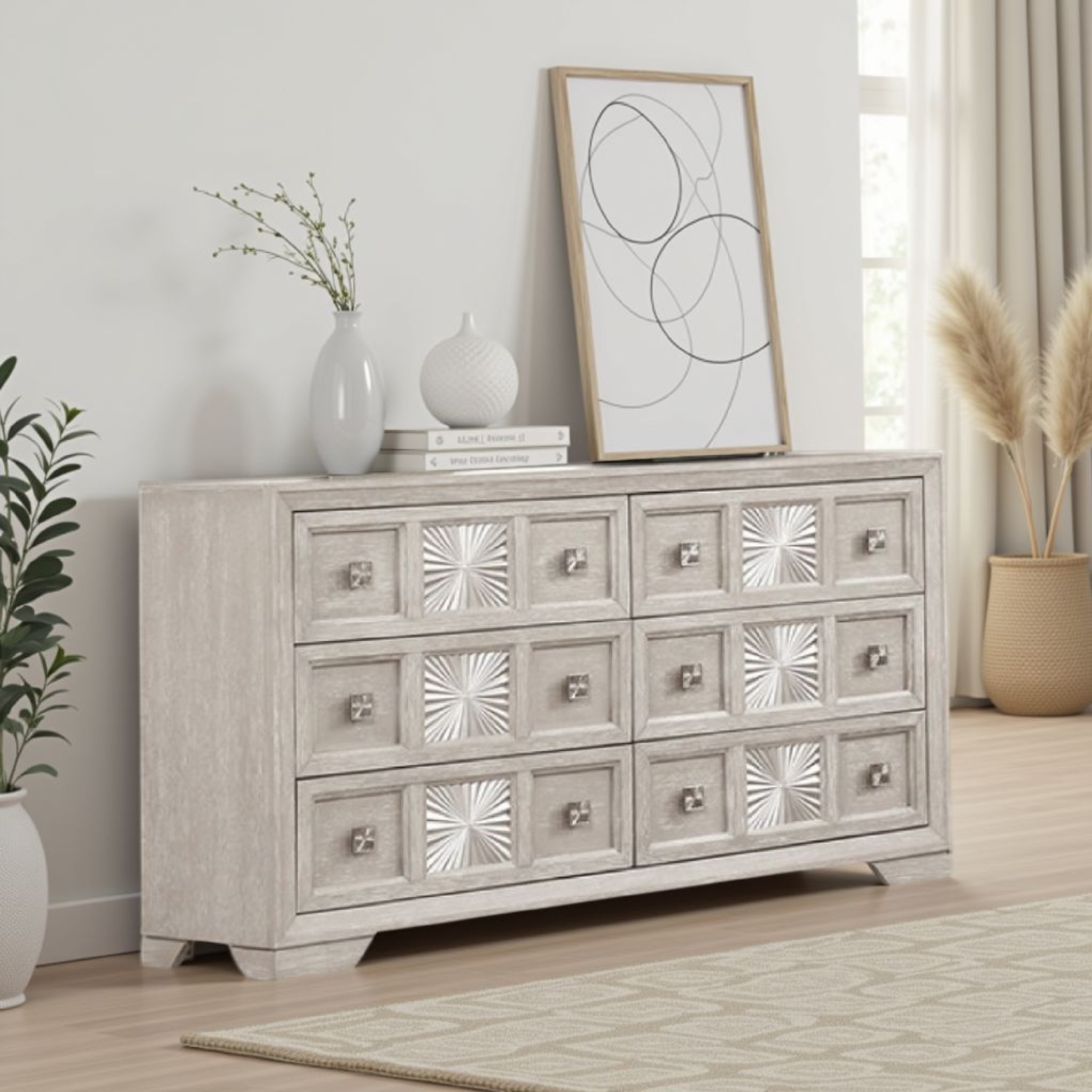 Benjara Diaz Wide Dresser, 6 Drawers, Sunburst Metal Design, Light Gray ...