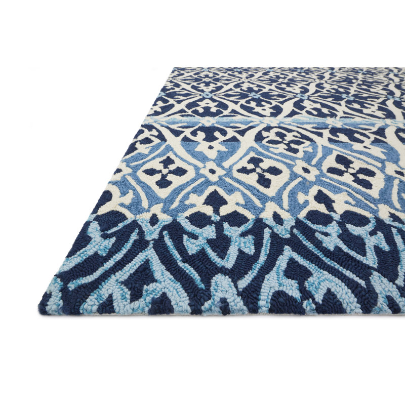 Charlton Home® Duvig Handmade Hooked Ikat Blue/Ivory Indoor / Outdoor ...