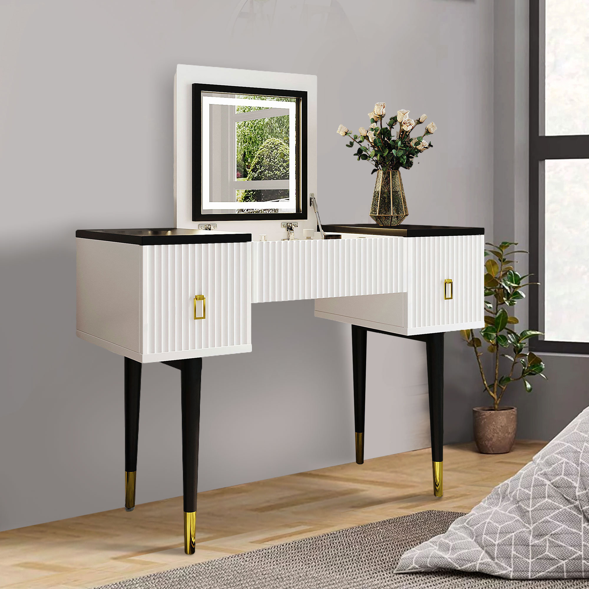 Everly Quinn Vanity Table Set, 43.3" Modern Vanity Table Set With Flip ...