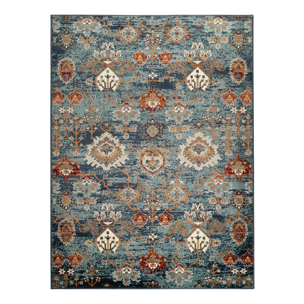 HomeRoots 9' X 12' Teal Rust and Orange Oriental Power Loom Area Rug ...
