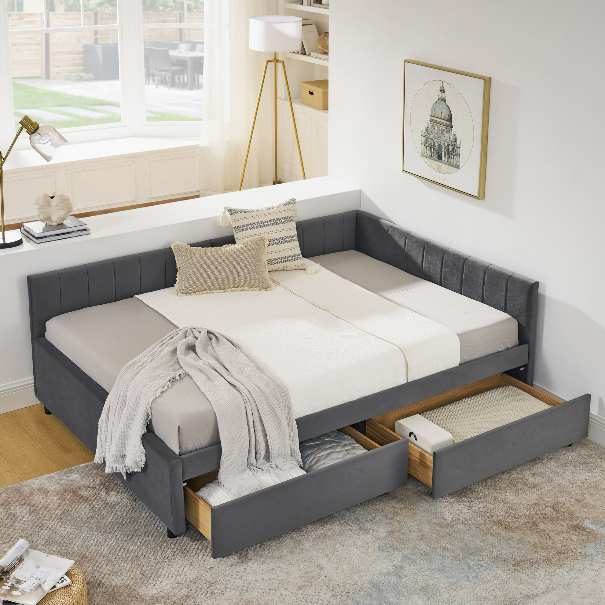 Mercer41 Upholstered Tufted Bed Frame With Two Drawers, Sofa Bed Frame ...