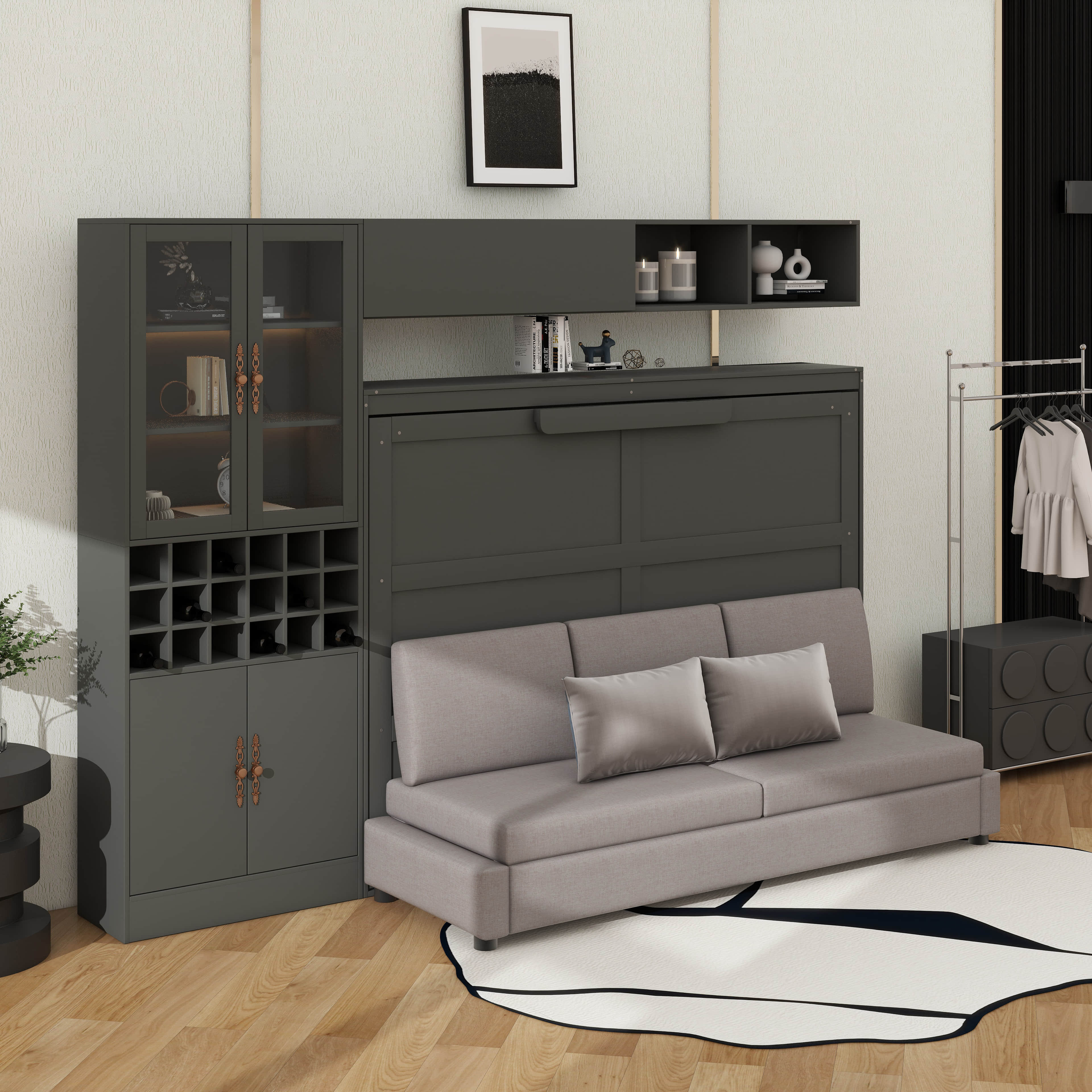 Orren Ellis Wall-Mounted Murphy Bed With Integrated Sofa, Shelving, USB ...
