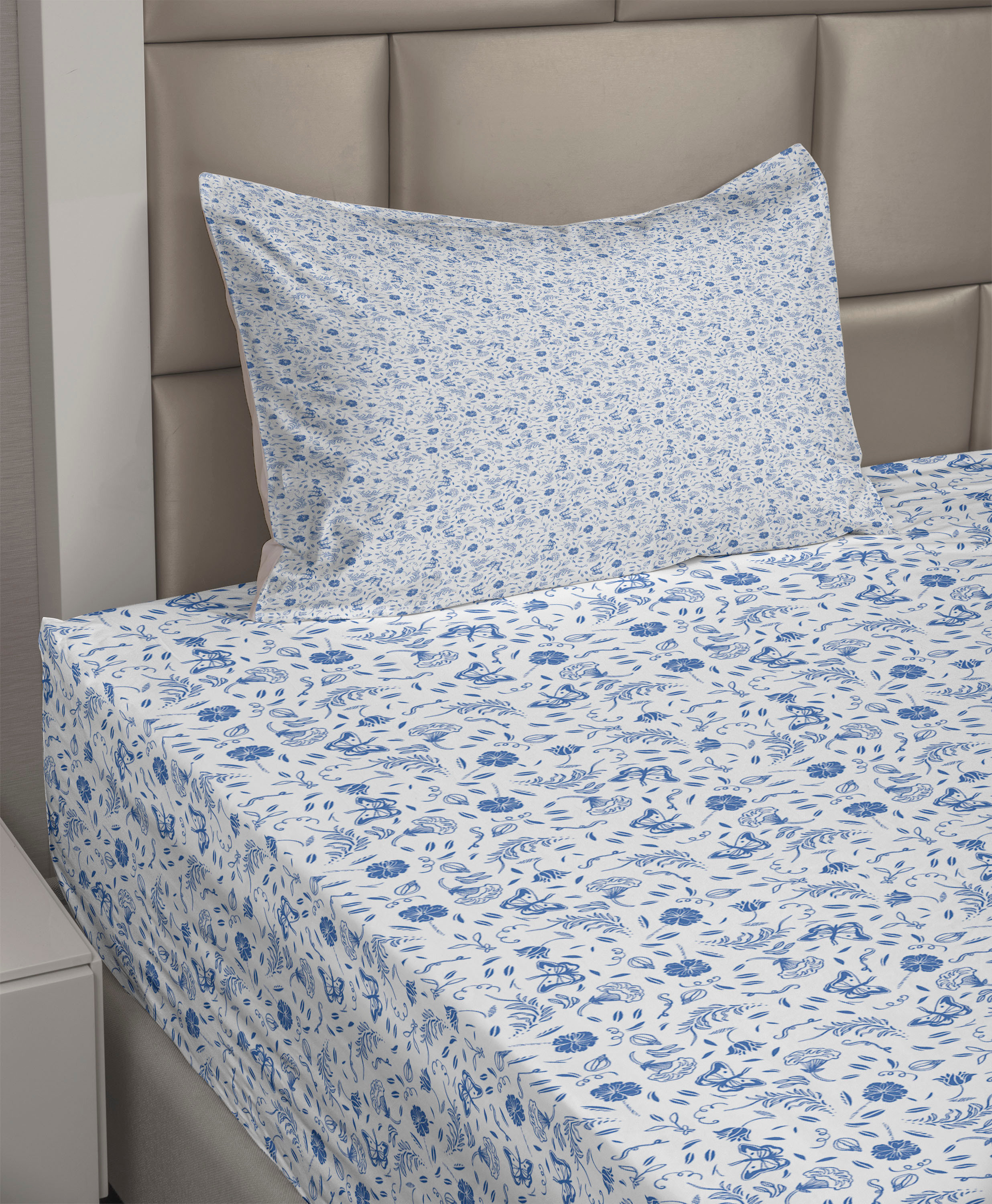 Ambesonne Royal Blue Sheet SetFlowers Leaves Line Art Dark Violet Grey ...