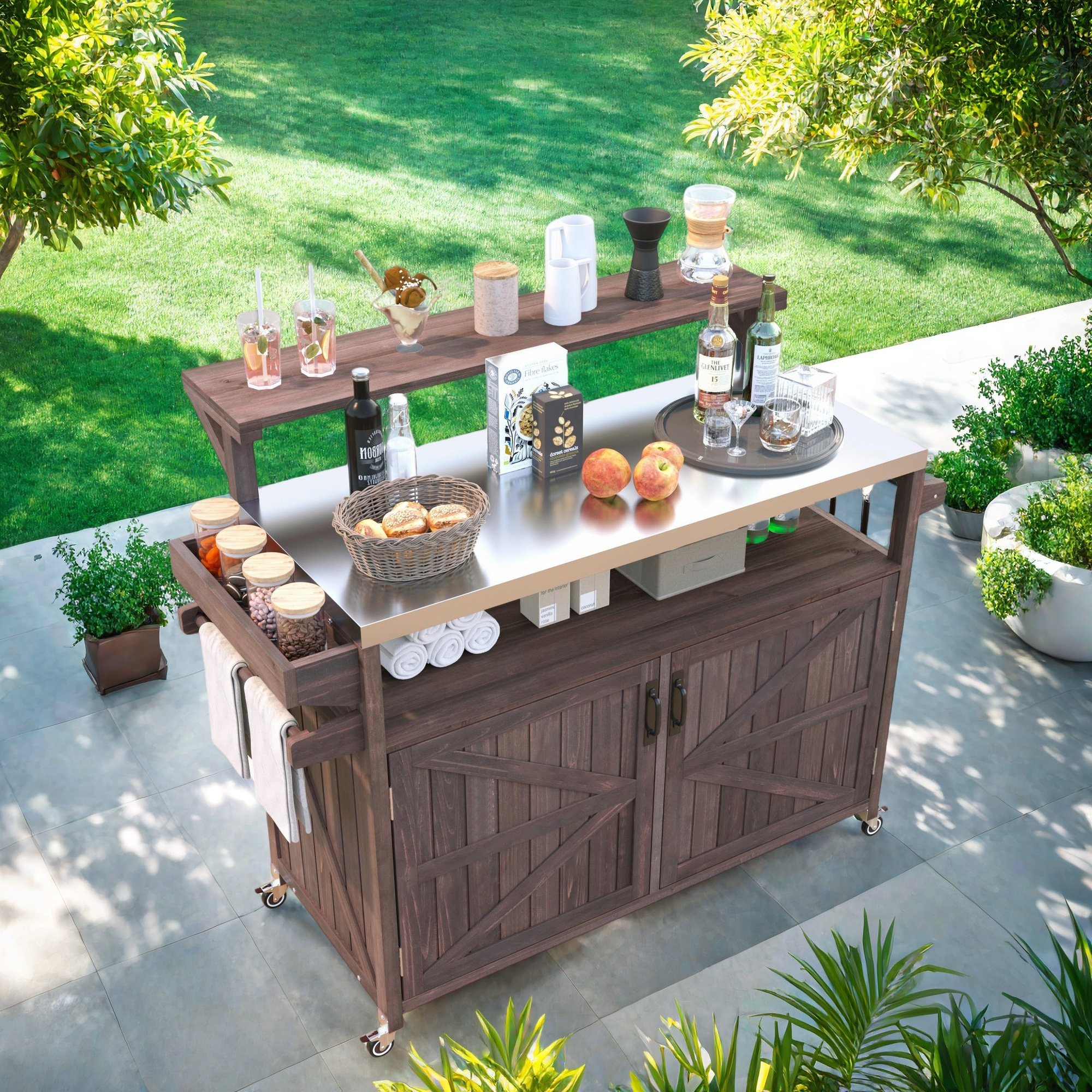 Gracie Oaks Outdoor Kitchen Island With Raised Shelf, Stainless Steel ...