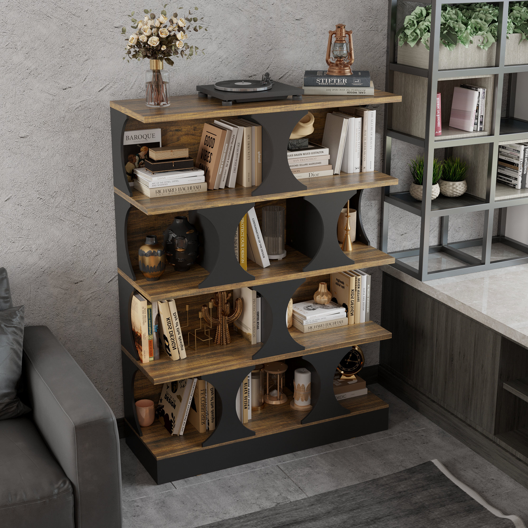 Hokku Designs Industrial Style Bookshelf With Unique Half-Circle ...