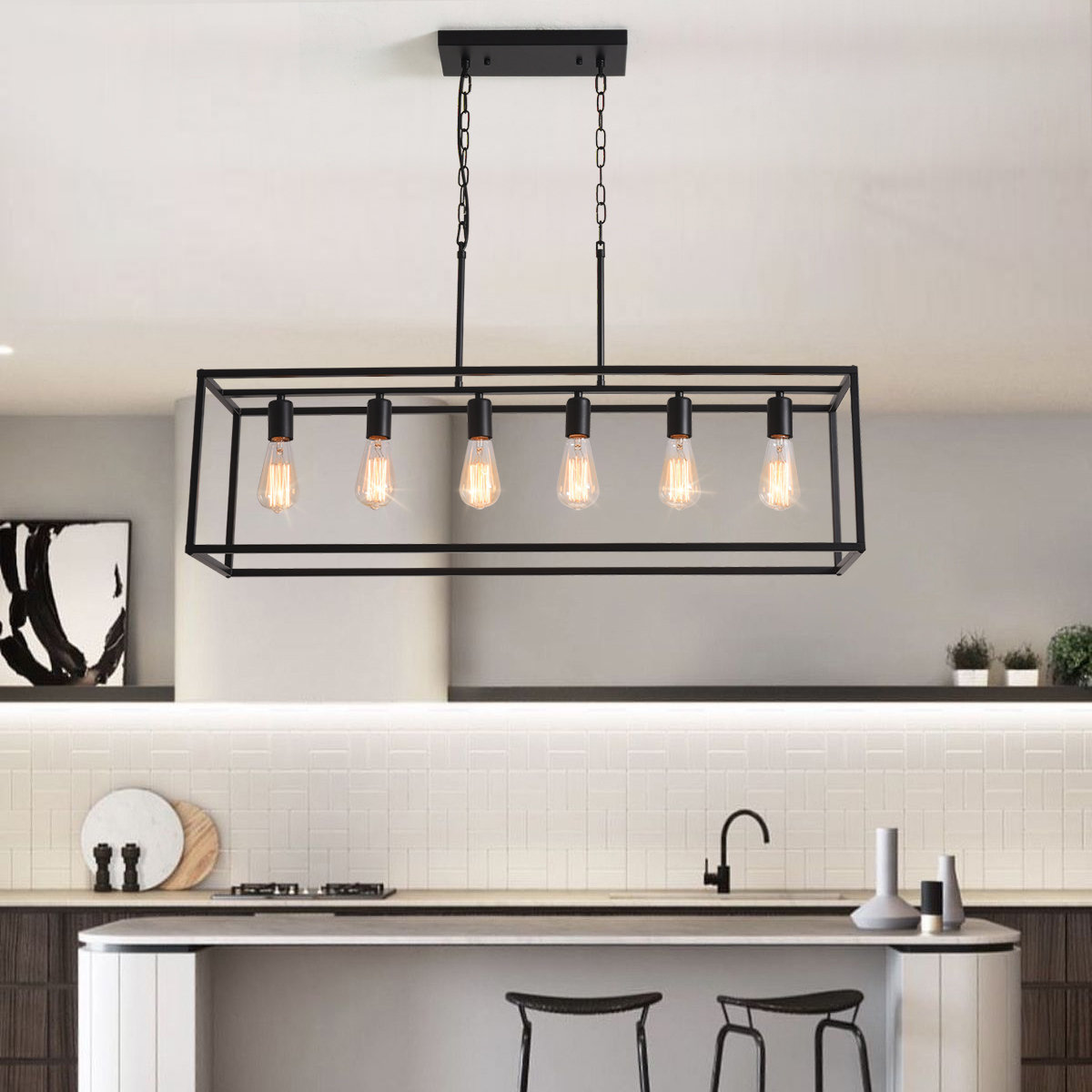 17 Stories Barbara 6 Light Rectangle Chandelier,black Metal Linear ...