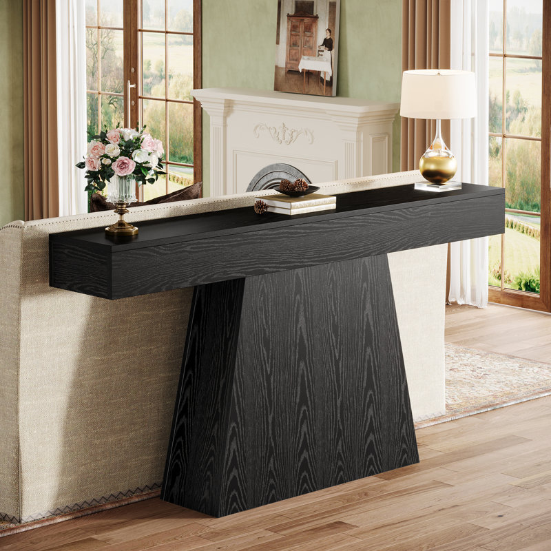 Ebern Designs 63" Console Table, Black Entryway Table with Trapezoidal ...