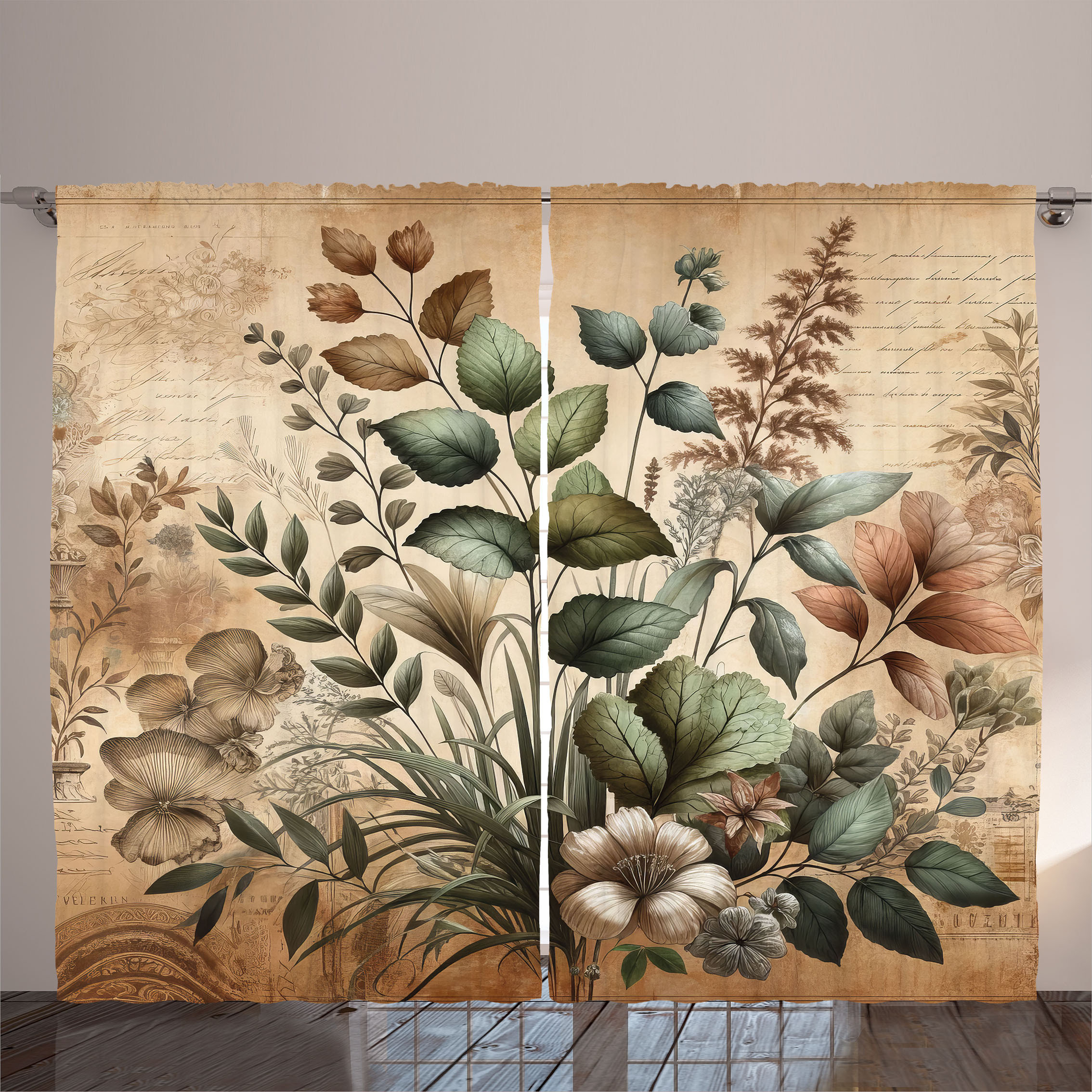 Ambesonne Curtains 2 Panel Set, Medieval Botany Leafy Art Laurel Green ...