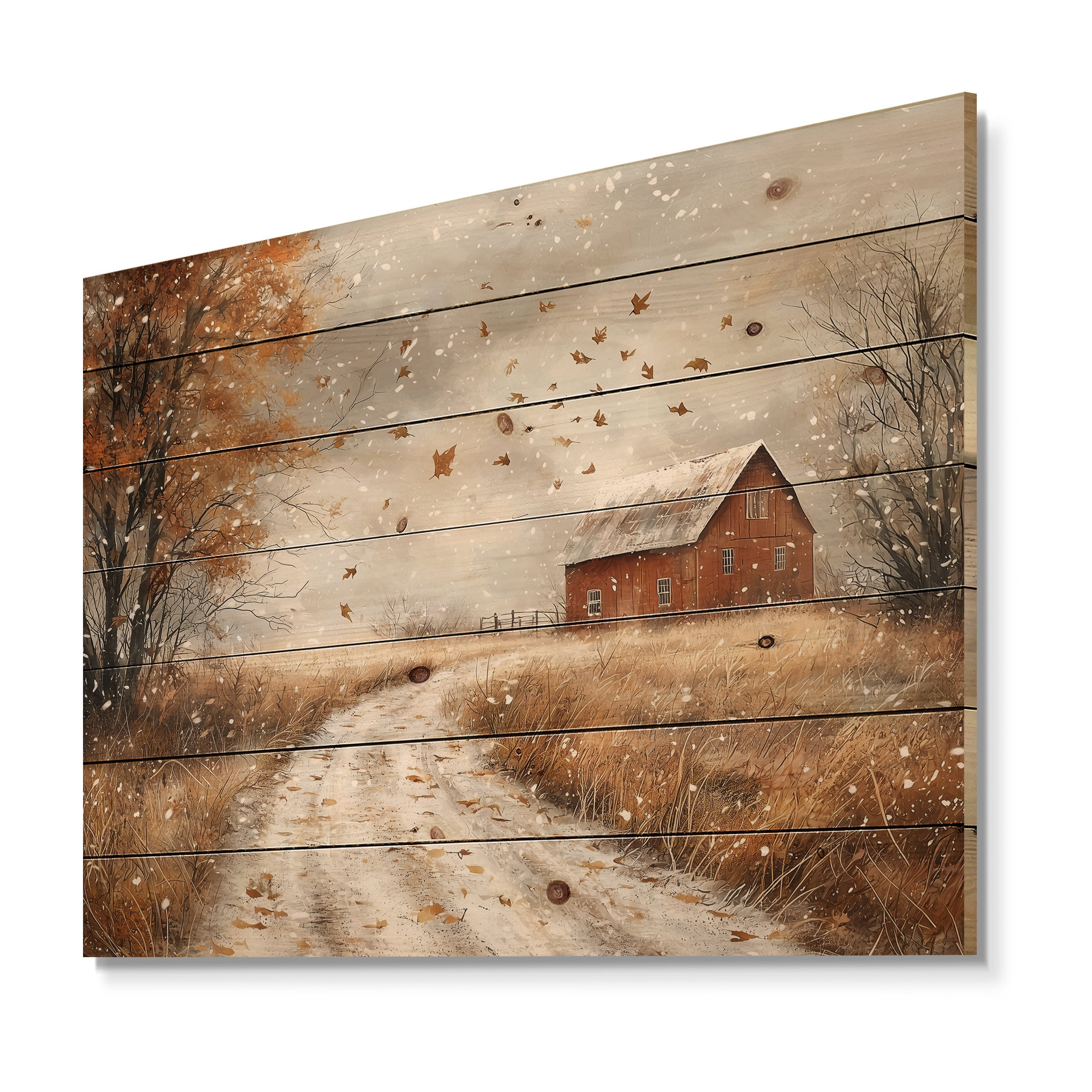 Ophelia & Co. Windy Prairie Leaves Path To The Barn III - Leaves Wood ...