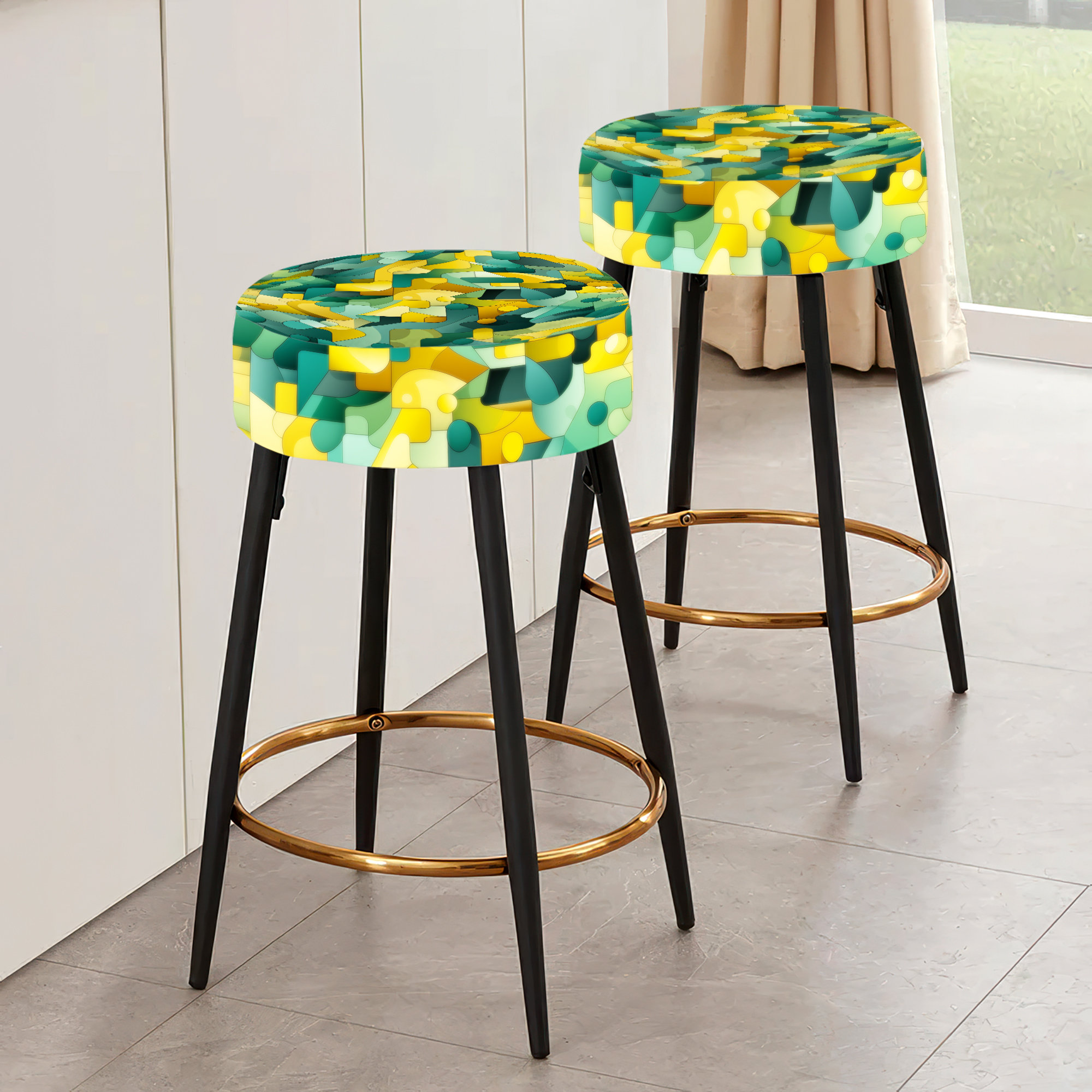 Design Art Poupart Green And Yellow Puzzle Play - Geometric Bar Stools Set Of 2 | Wayfair