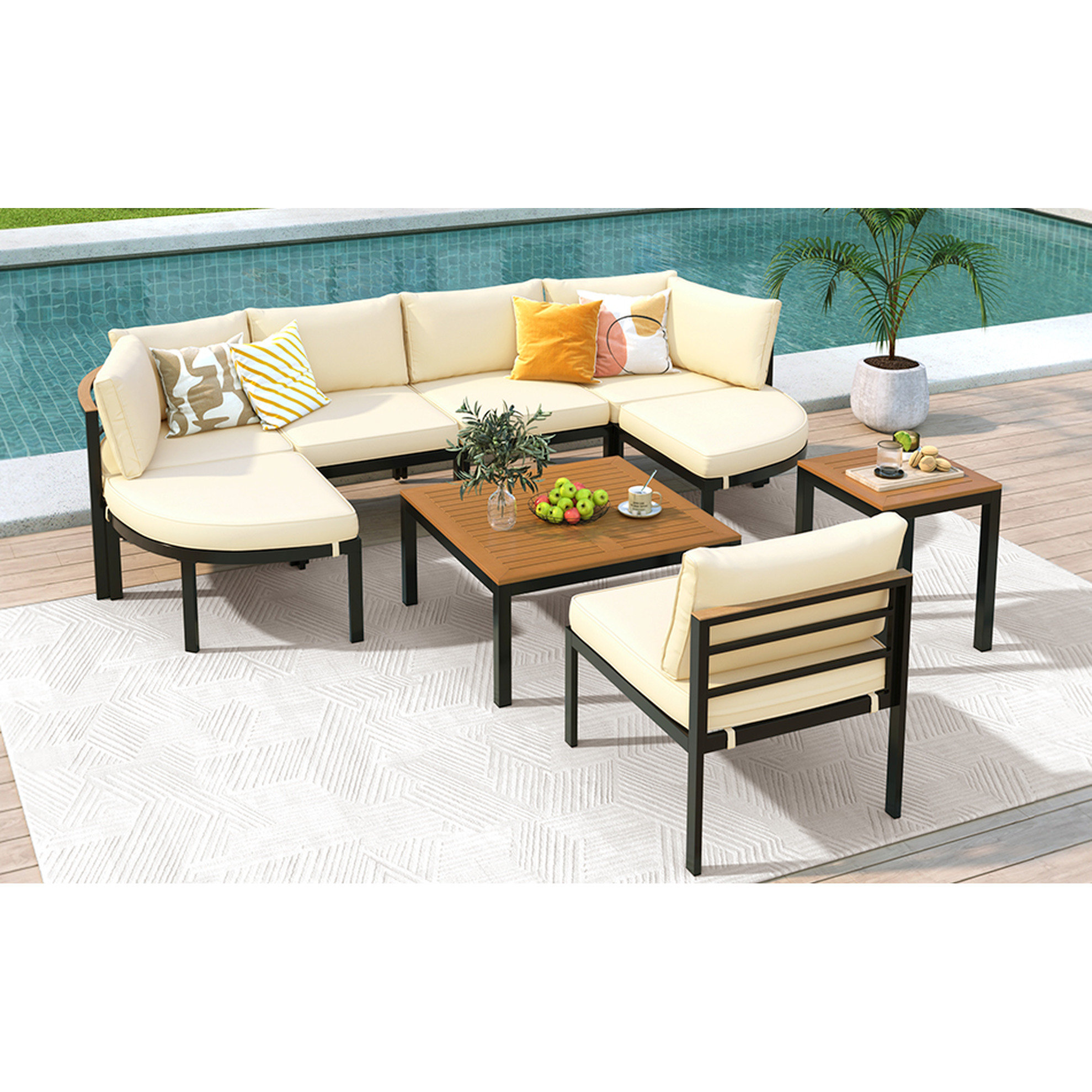 Latitude Run® Outdoor Sectional Seating Group - Beige Cushions Iron ...