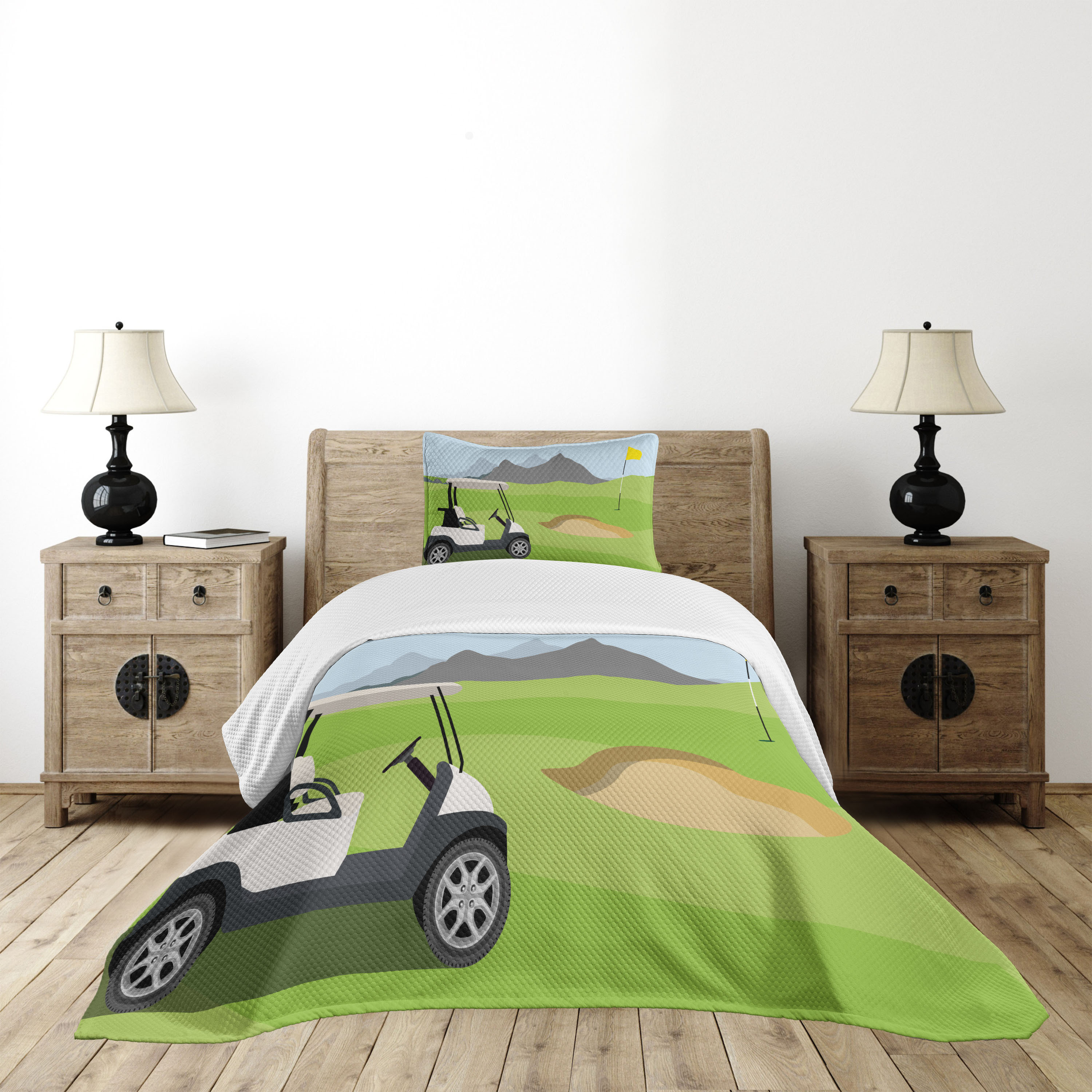 Ambesonne Golf Course Scene Bedspread Set Cartoon Golf Club Lime Green ...
