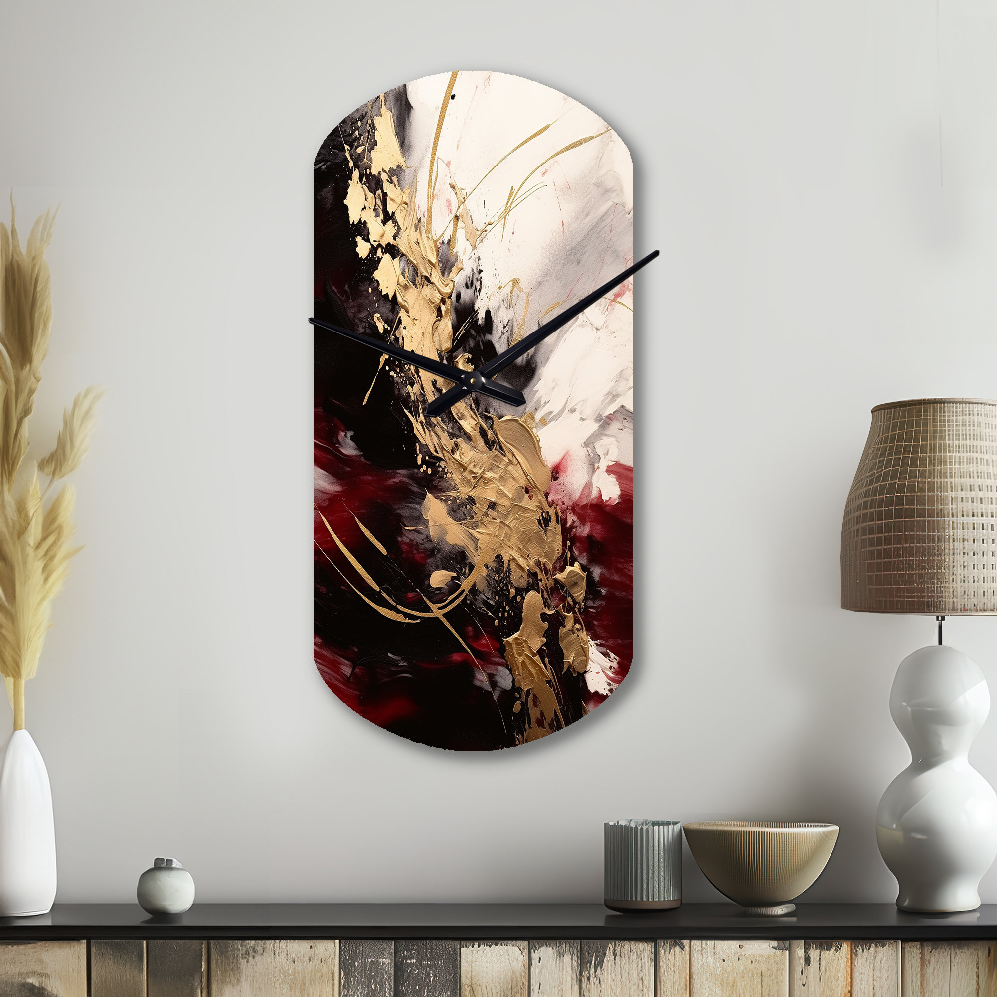 Design Art Gold and Red Fluid Fusion I - Abstract Cylinder Metal Clock ...