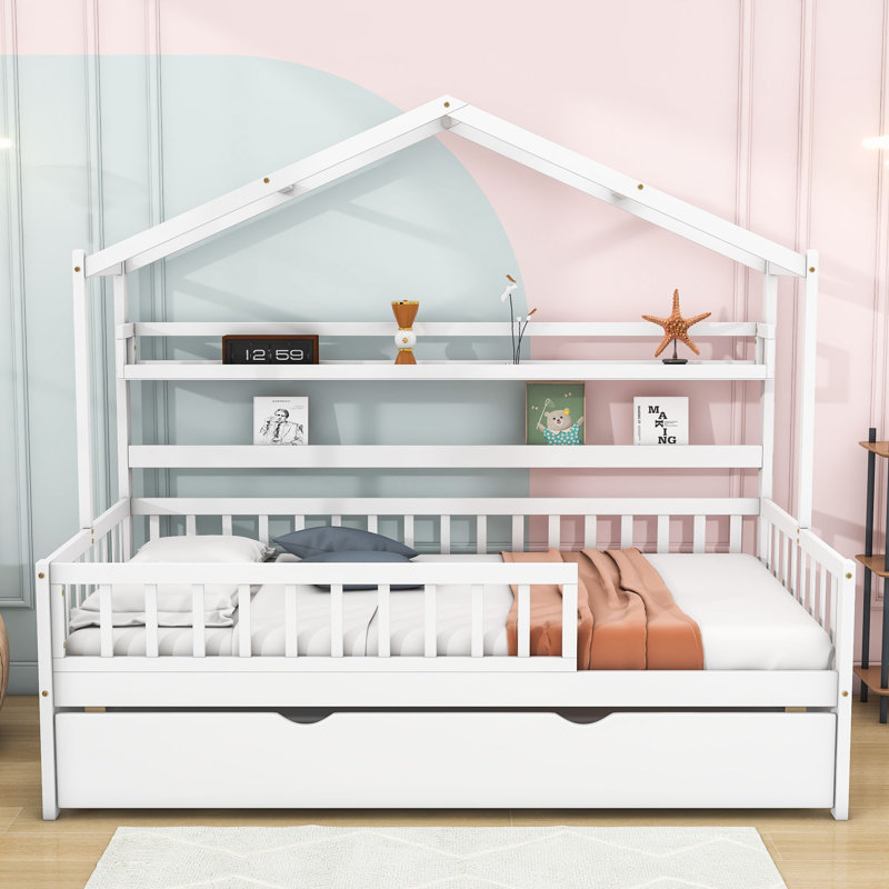 Harper Orchard Bounaga Wood House Bed with Shelf and Trundle | Wayfair