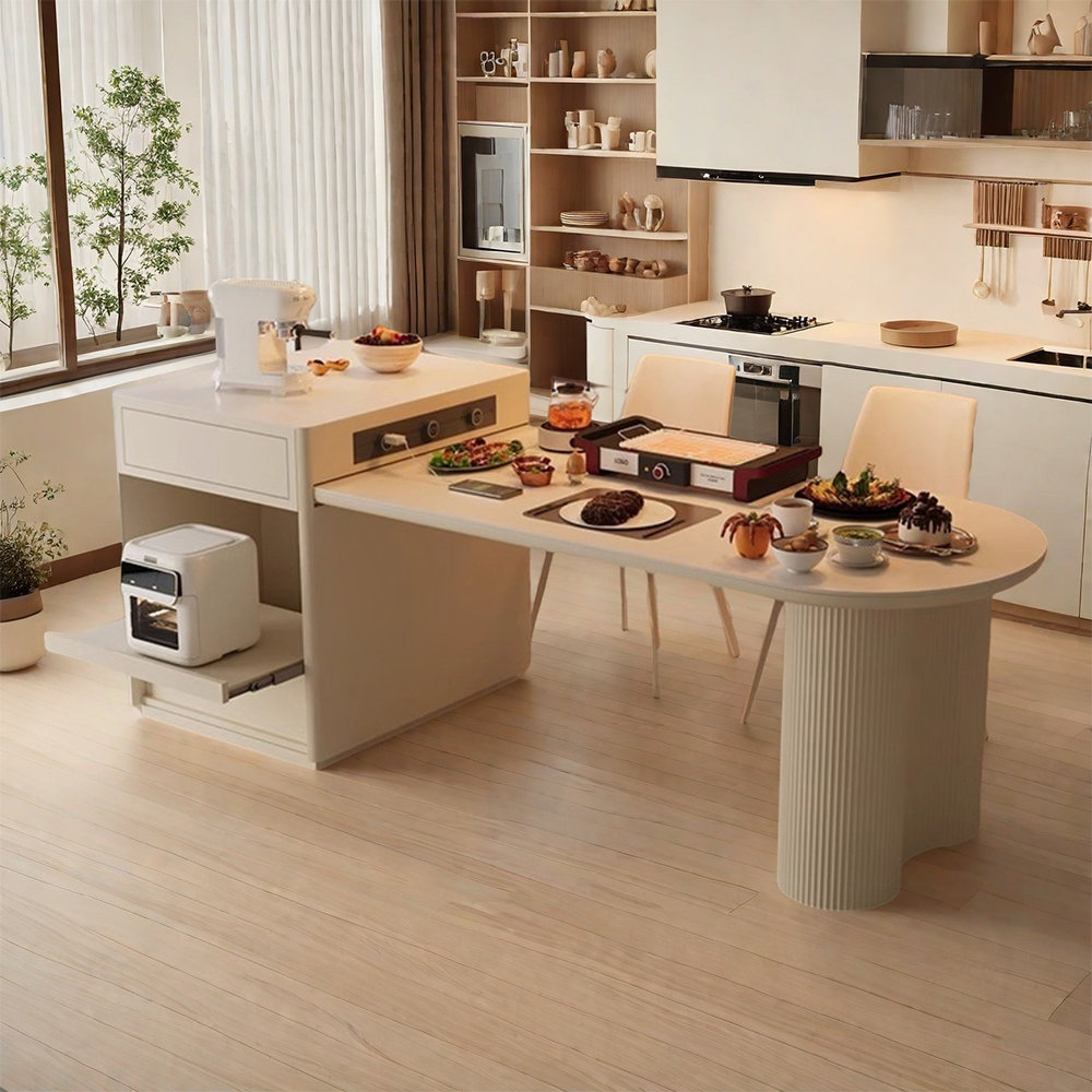 Orren Ellis Retractable Sintered Stone Wood Kitchen Islands Table | Wayfair