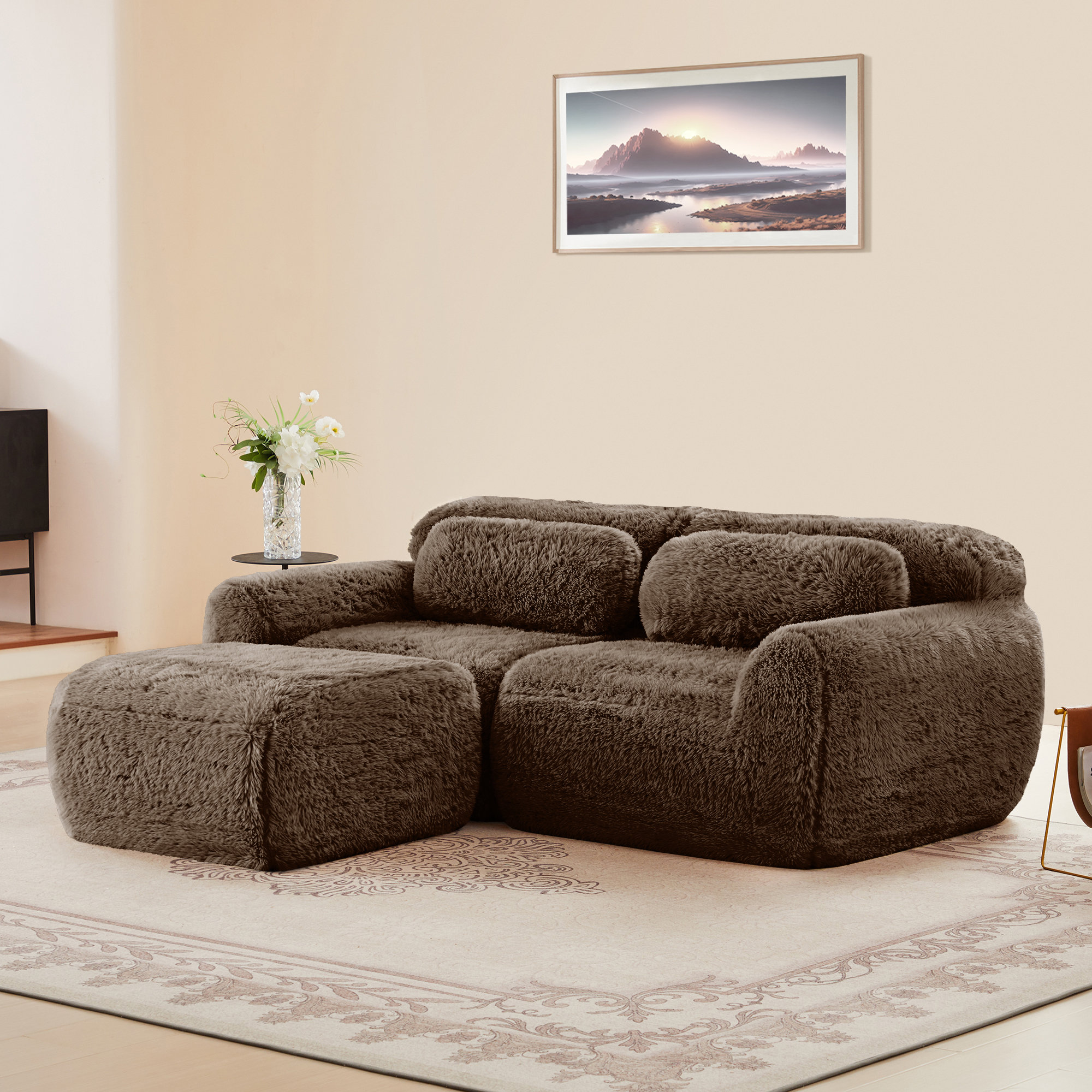 Mercer41 L-shaped Boneless Sofa,soft Fluffy Plush Fabric,with 32d High ...