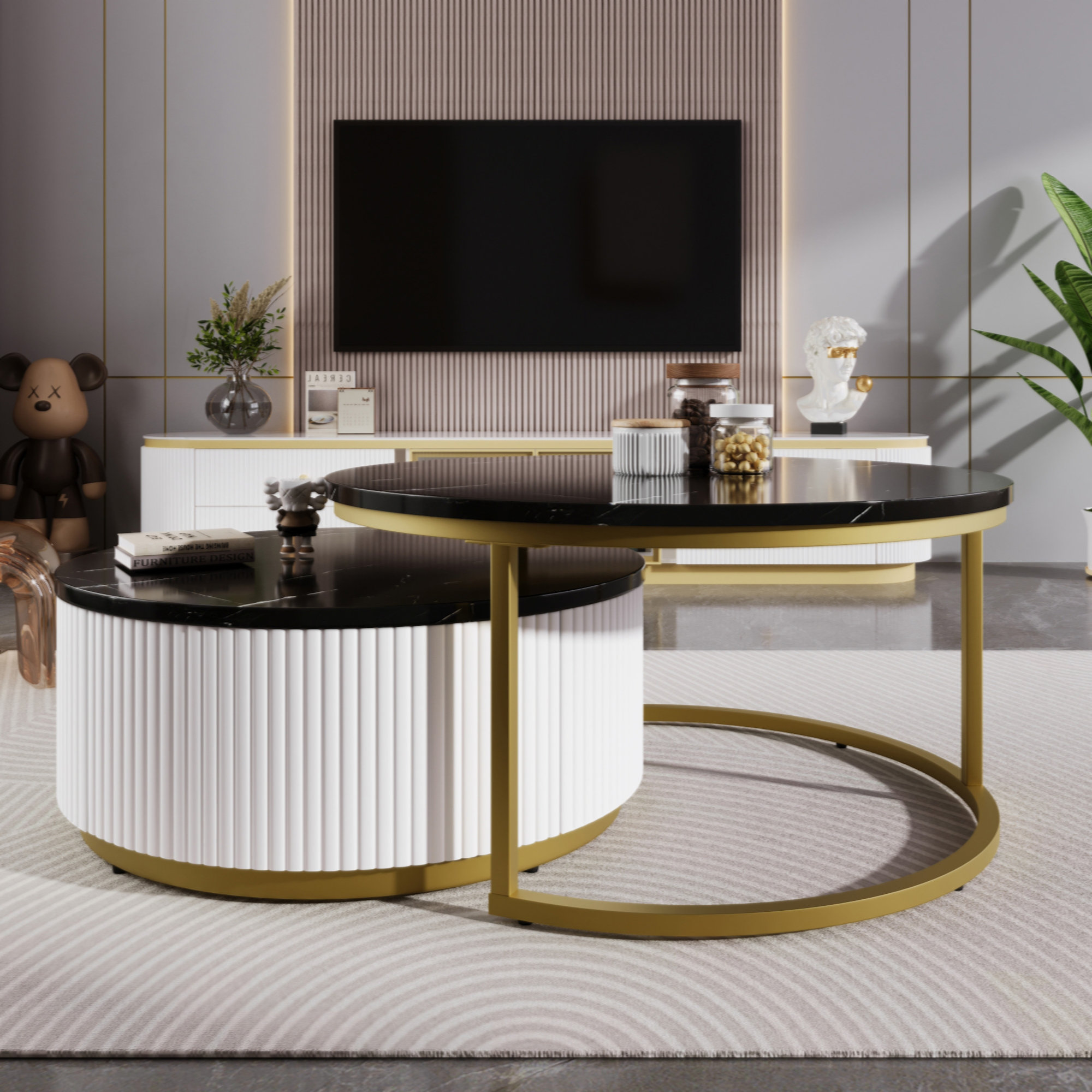 Mercer41 Modern Round Nesting Coffee Table Fluted With Drawer In Gold ...