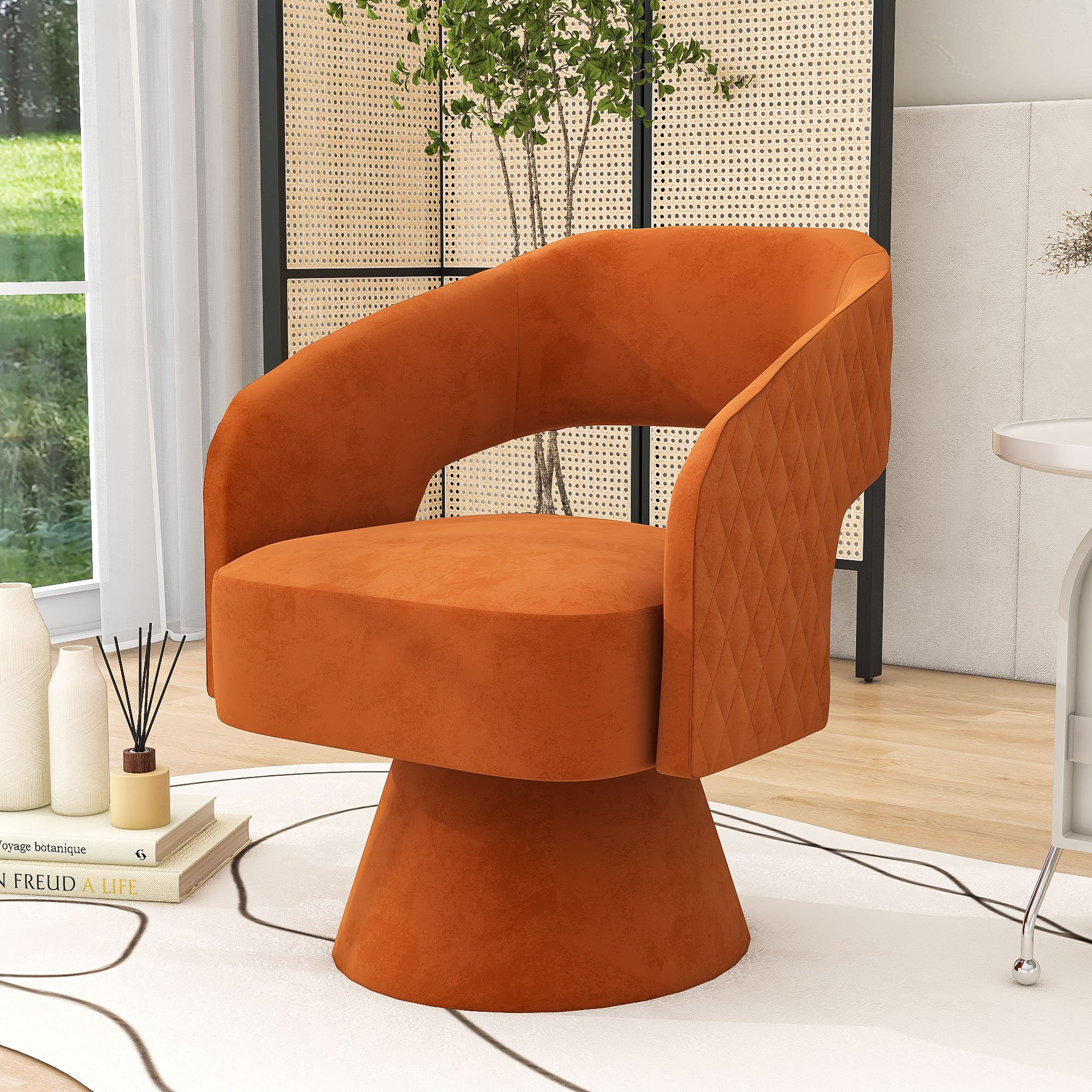 Everly Quinn Zylar Upholstered Swivel Round Barrel Chair for Bedroom ...
